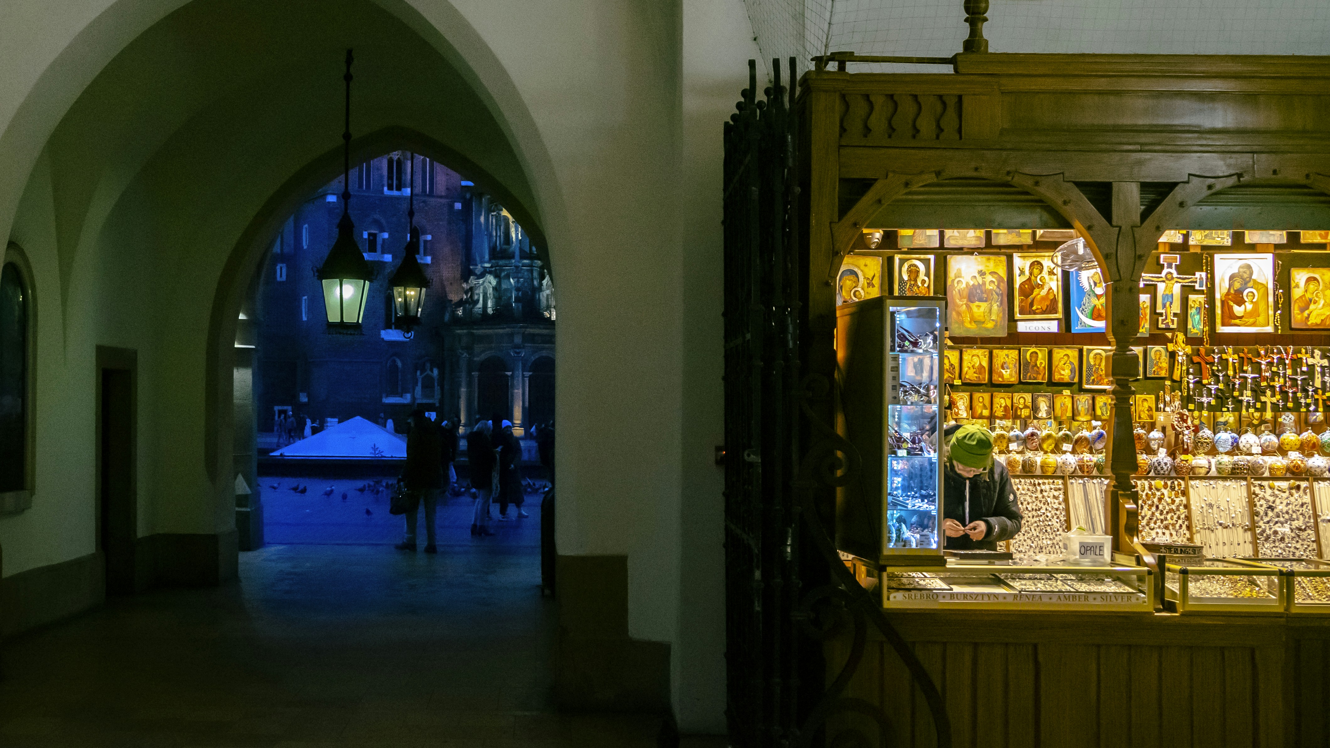 Blue Hour Archway and Market Stall: Night Walk Through a Historic Passage