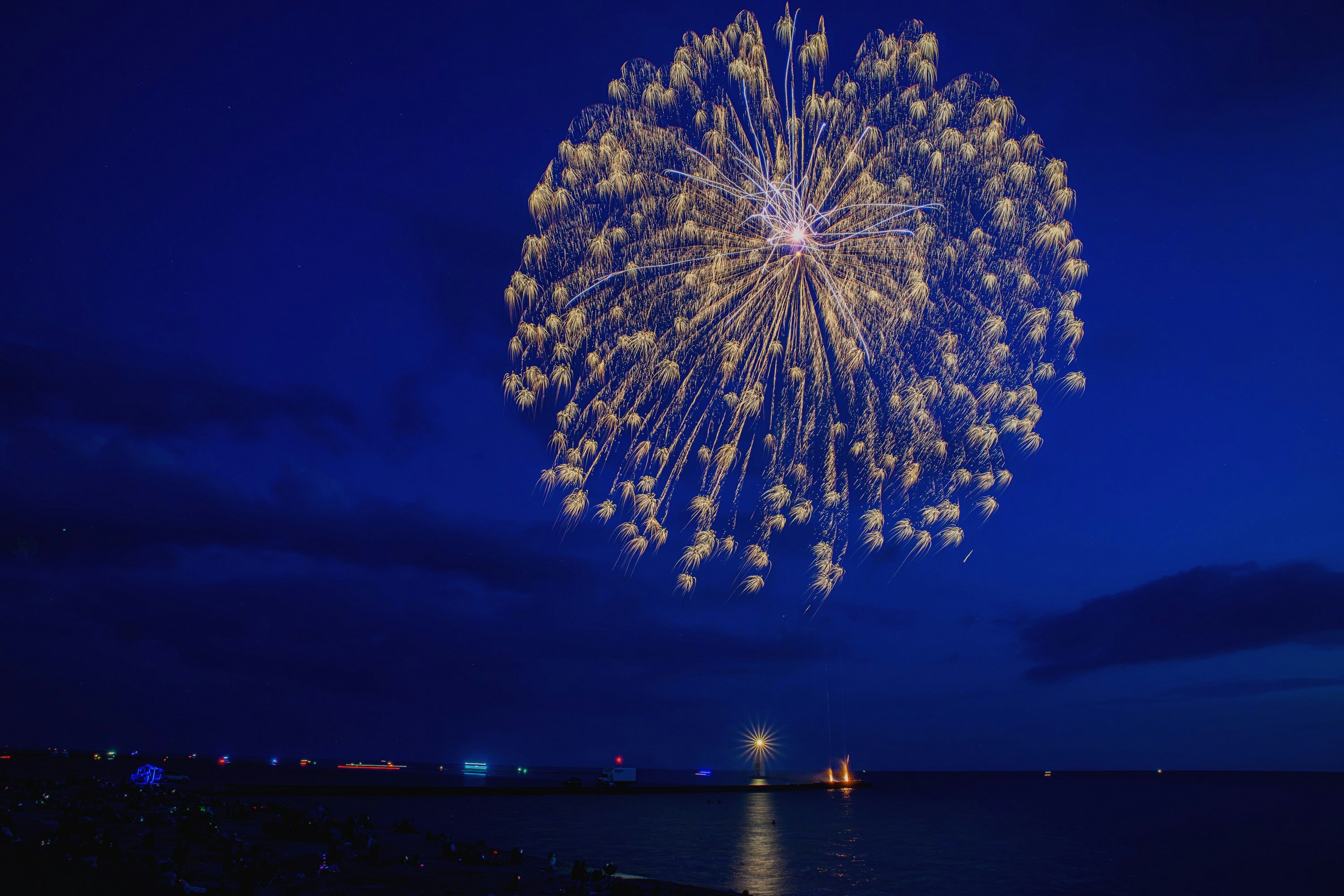 Midnight Bloom: A Firework Burst Over a Quiet Harbor