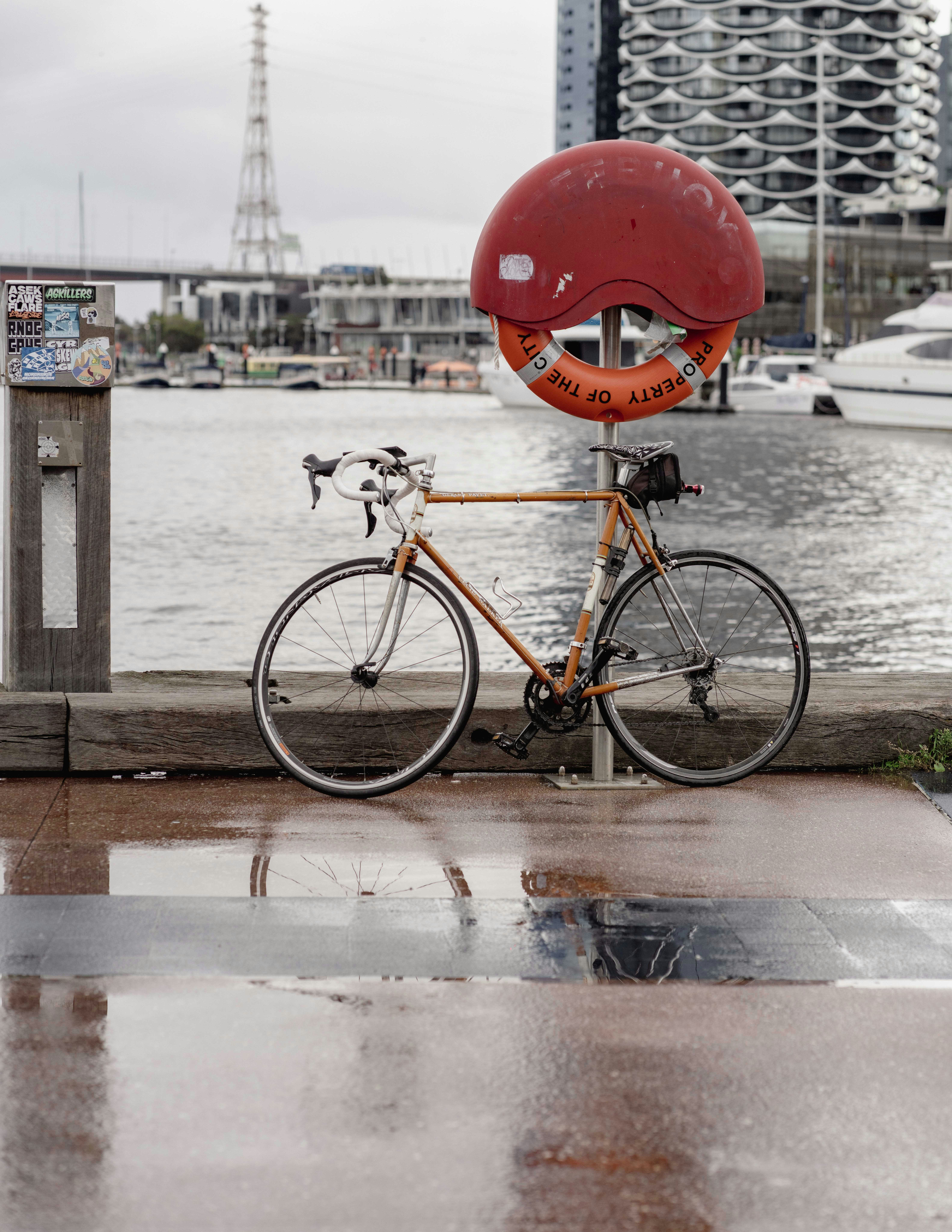 Orange bicycle by the marina, tethered beneath a red lifebuoy