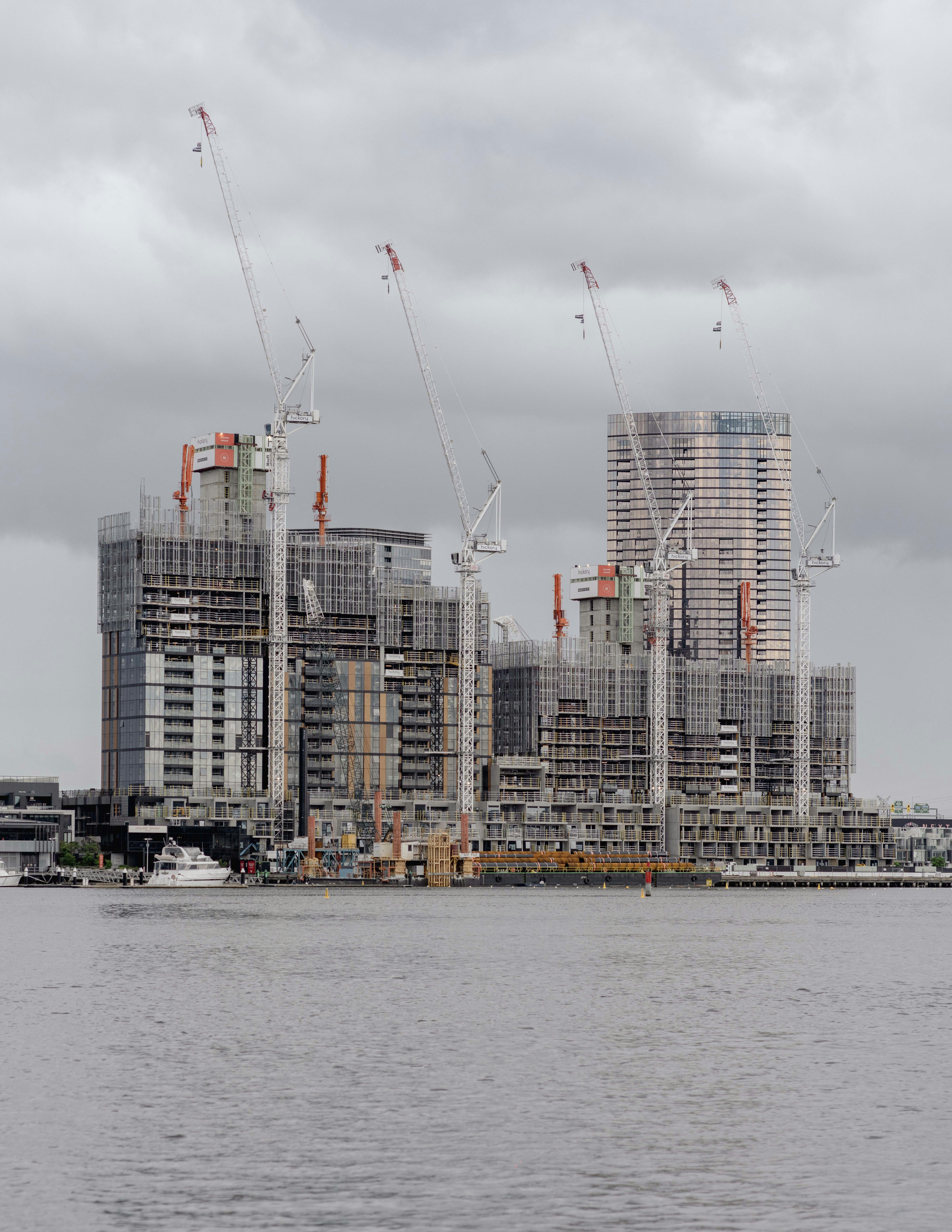 Skyward Cranes Over a Harbor Under Construction