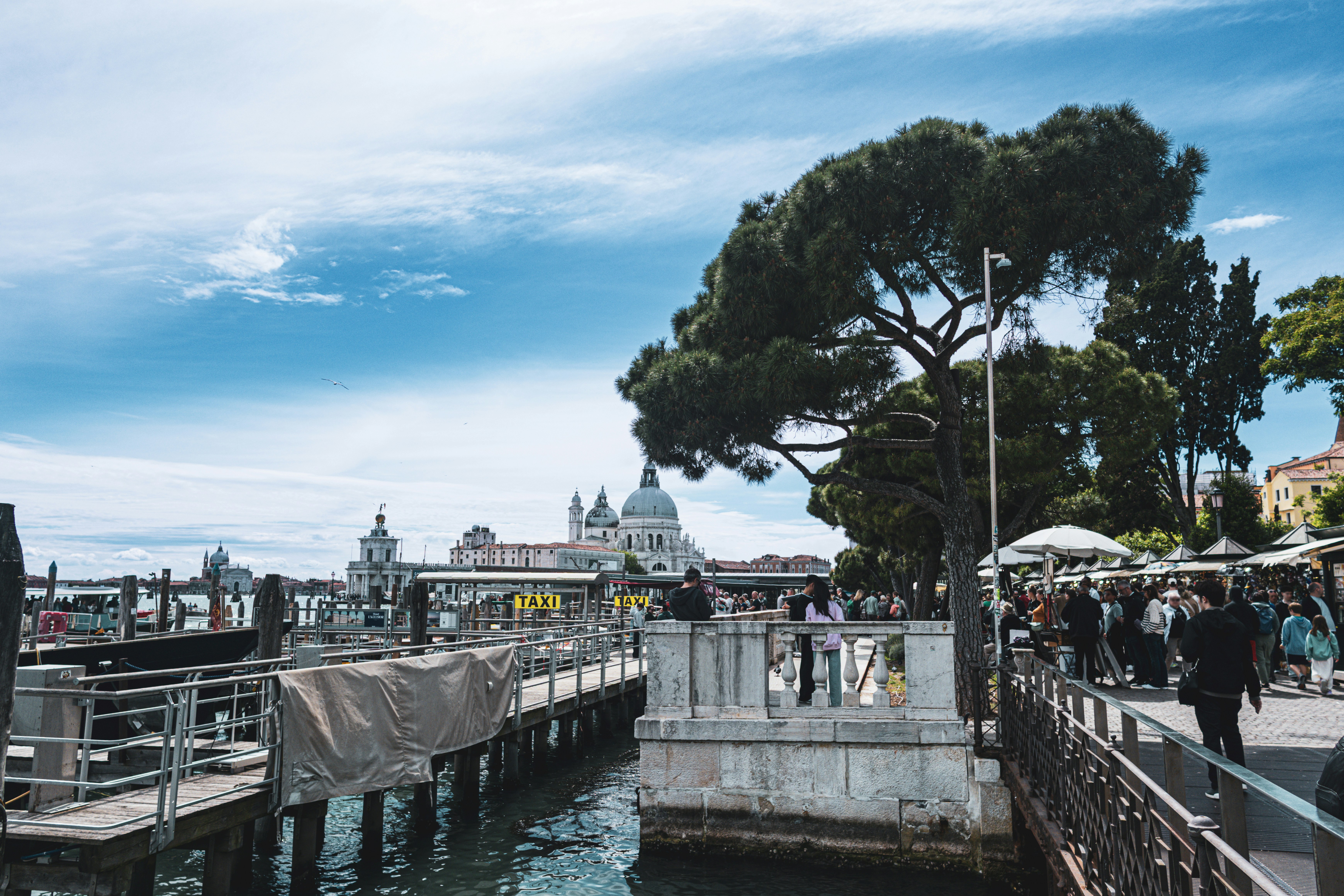 Riviera Walkway: A Sunlit Pier Bordered by People and a Distant Cityscape