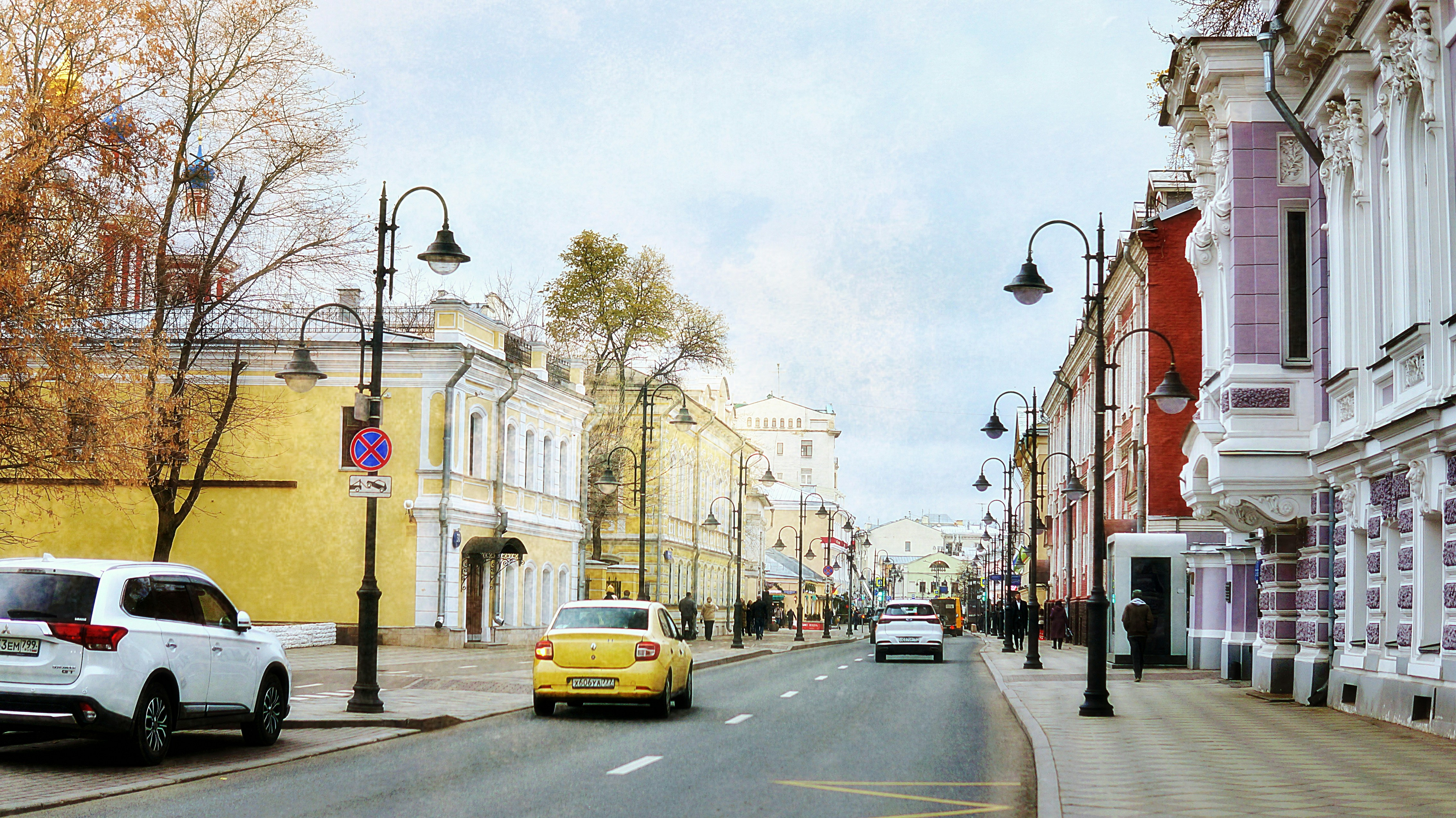 Pastel Parade: A Sunlit Street in Soft Dawn Tones