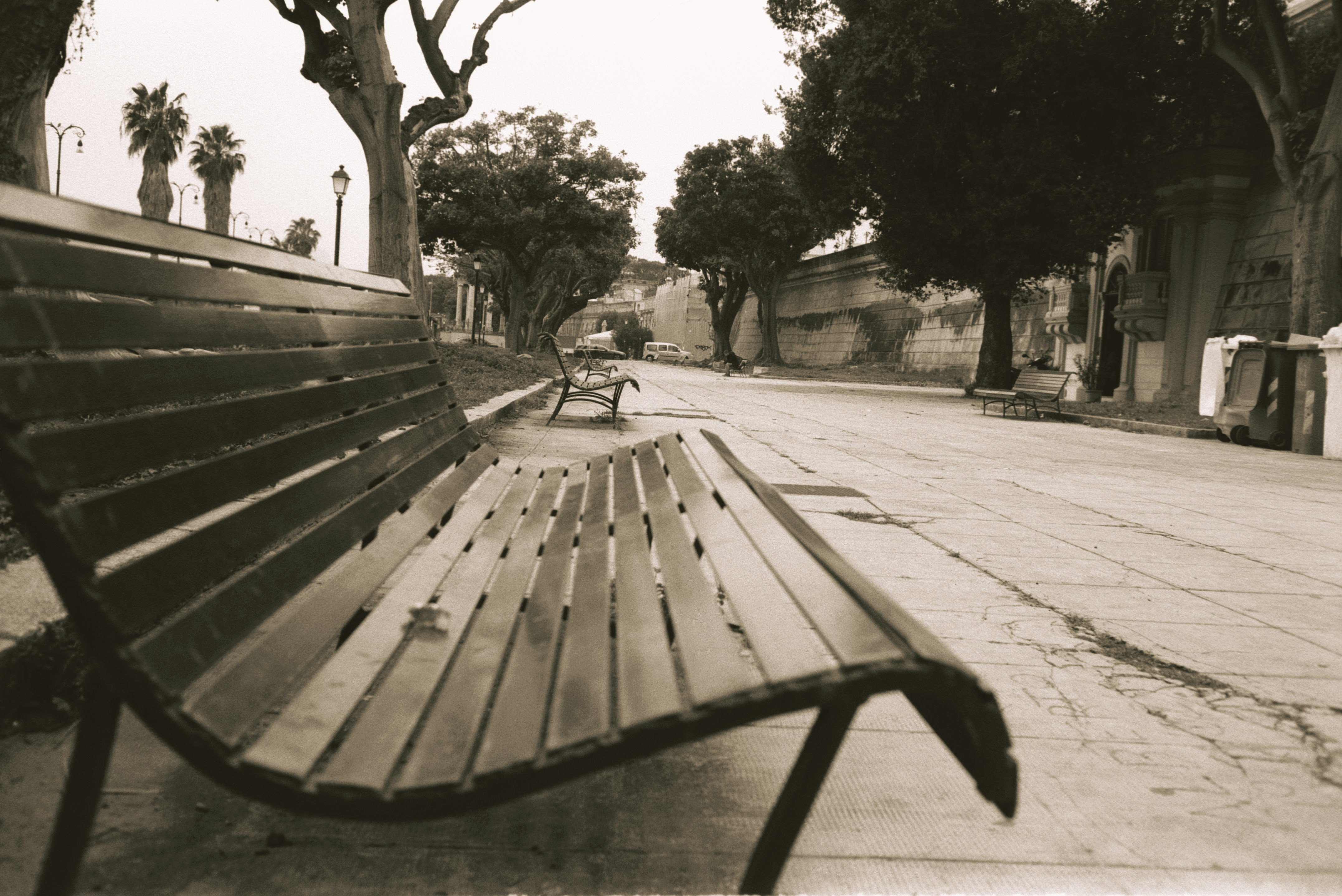 Deserted bench along a sunlit plaza, memories etched in sepia