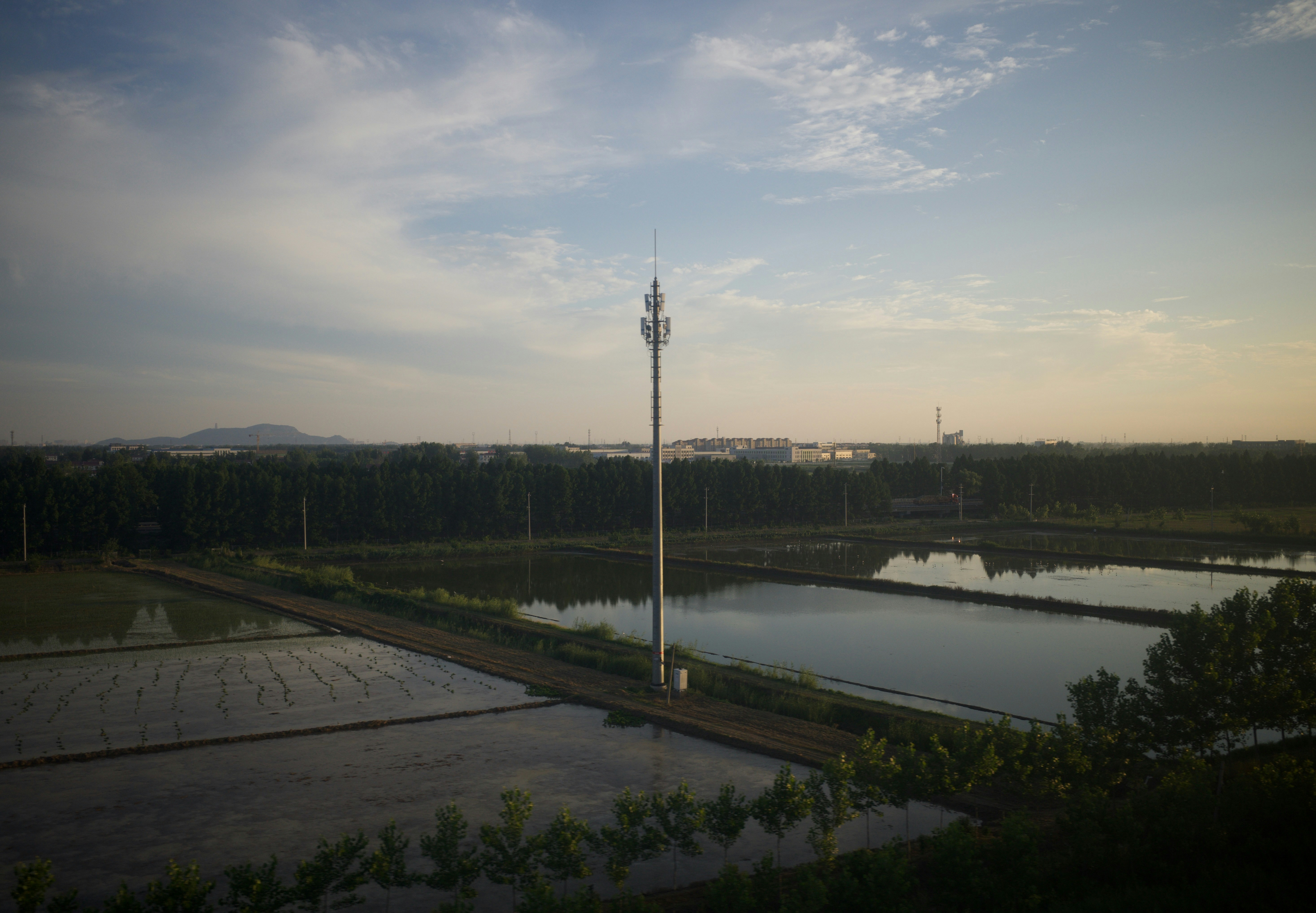 Central Mast Among Reflective Fields at Dusk