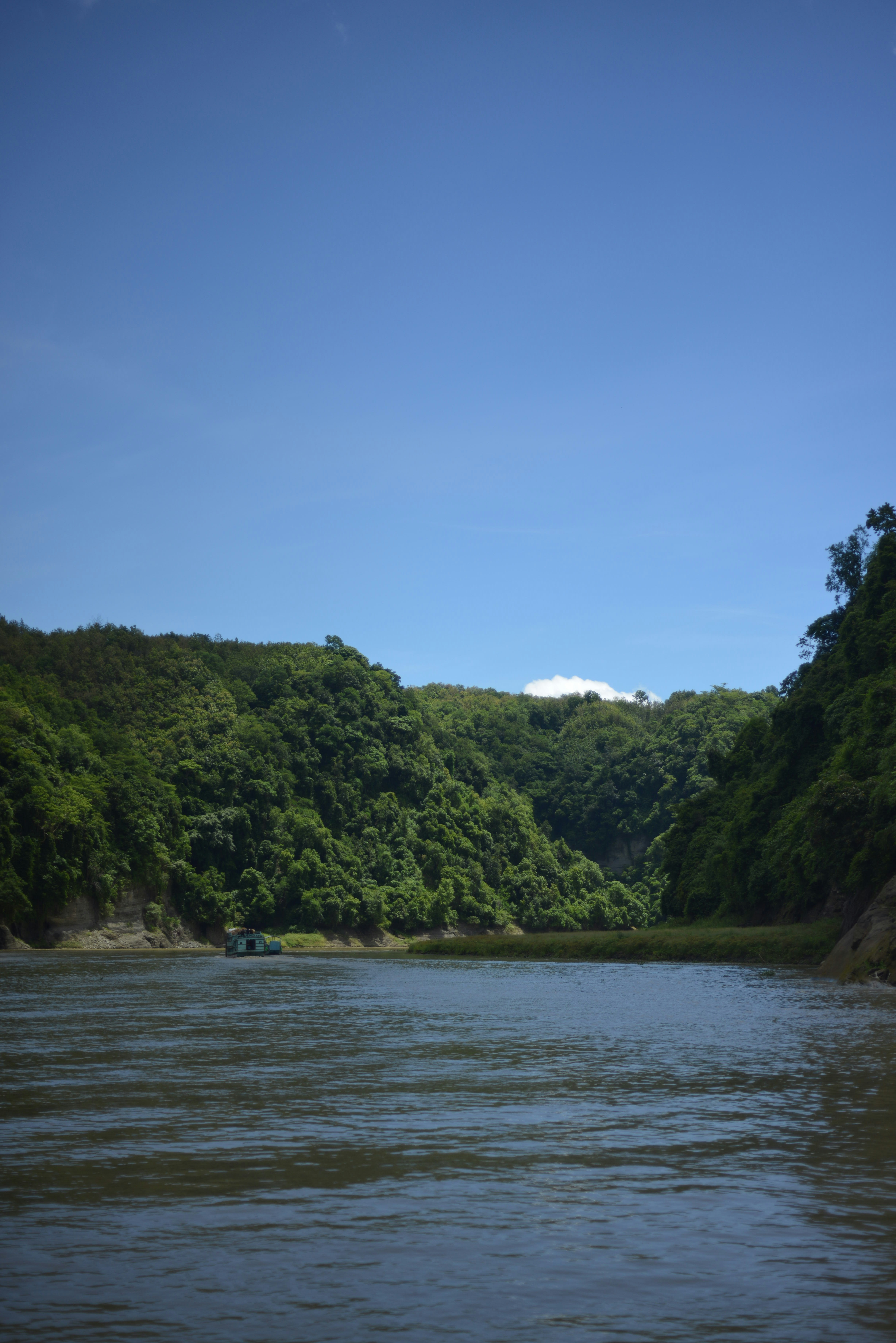 River Gorge Awakening: A Calm Boat Between Verdant Cliffs