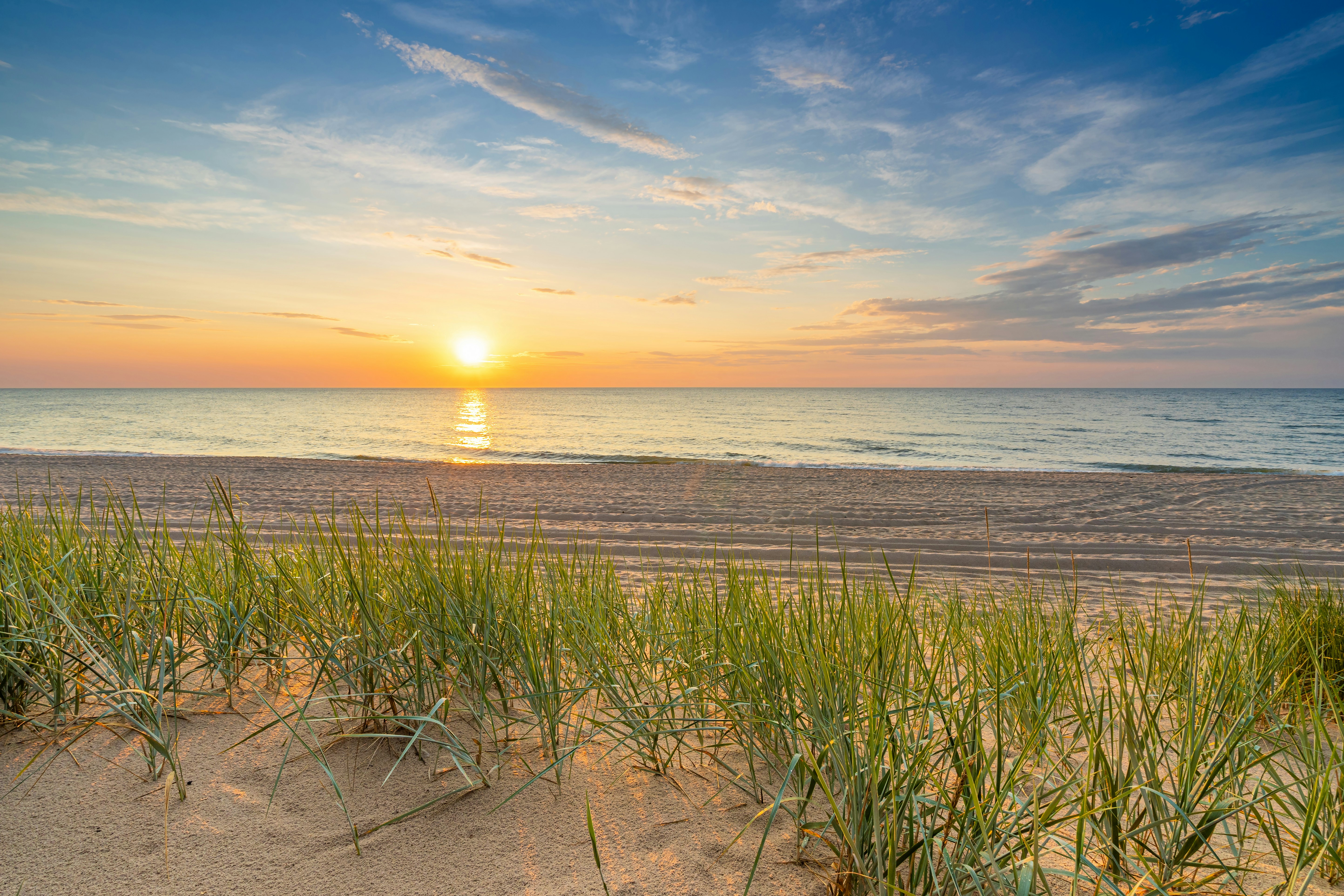 Sunlit Tides: Dune Grass Framing a Quiet Ocean Sunset