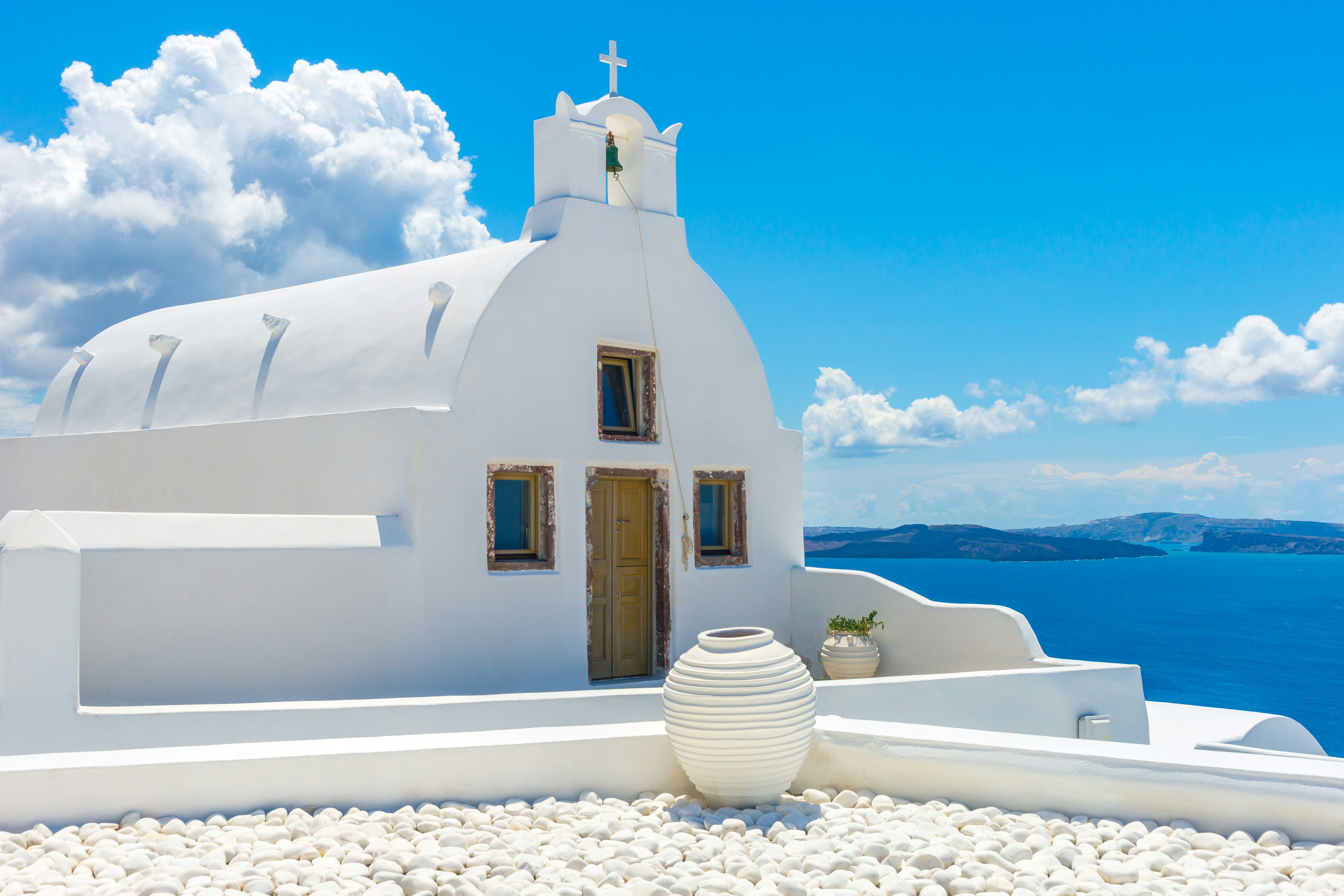 White Church on a Periwinkle Sea Cliff