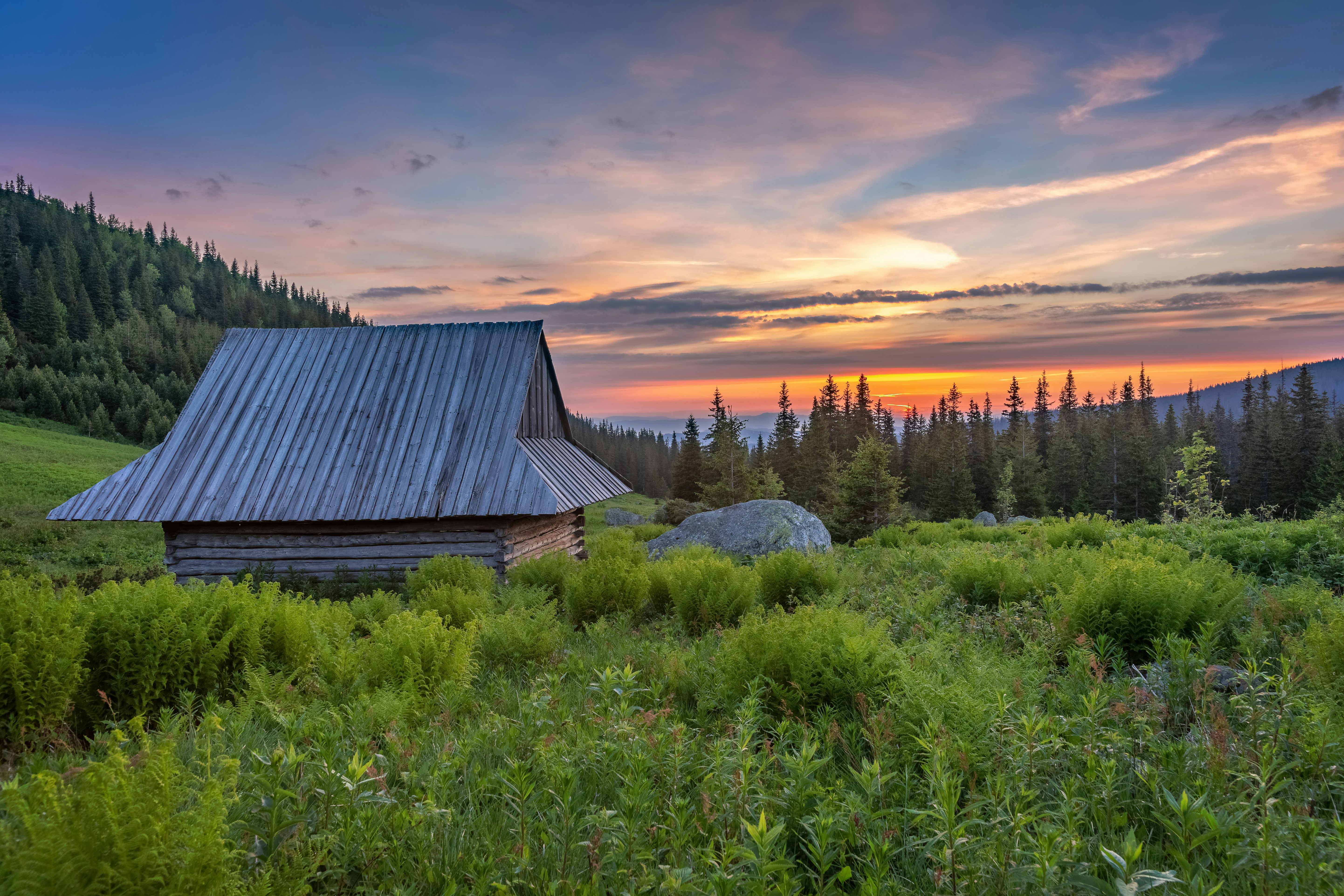 Rustic wooden cabin with a steep metal roof sits amid lush vegetation as a warm sunset fills the sky.
