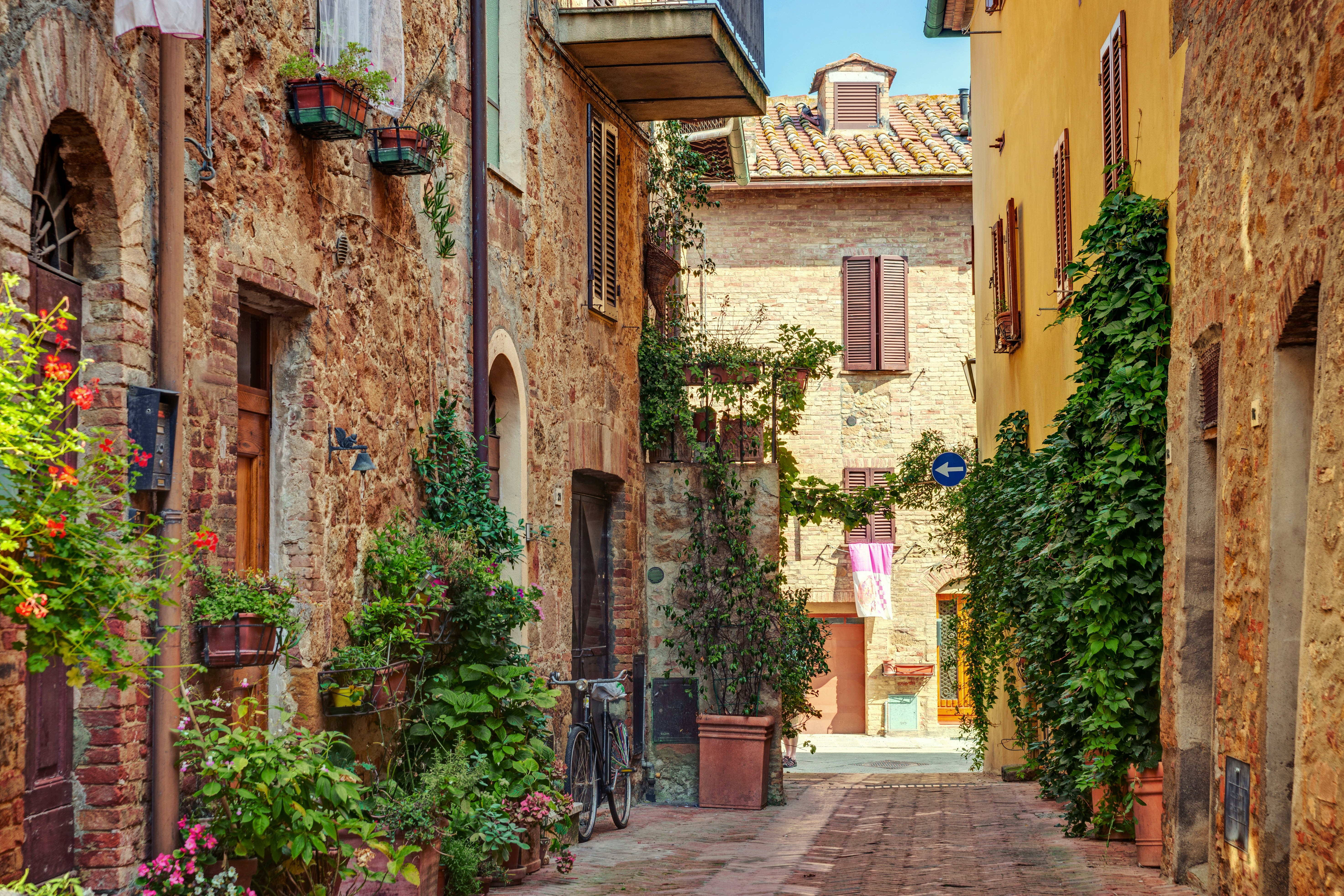Colorful stone alley with flowering pots and climbing vines, inviting pedestrian path between warm-hued buildings.