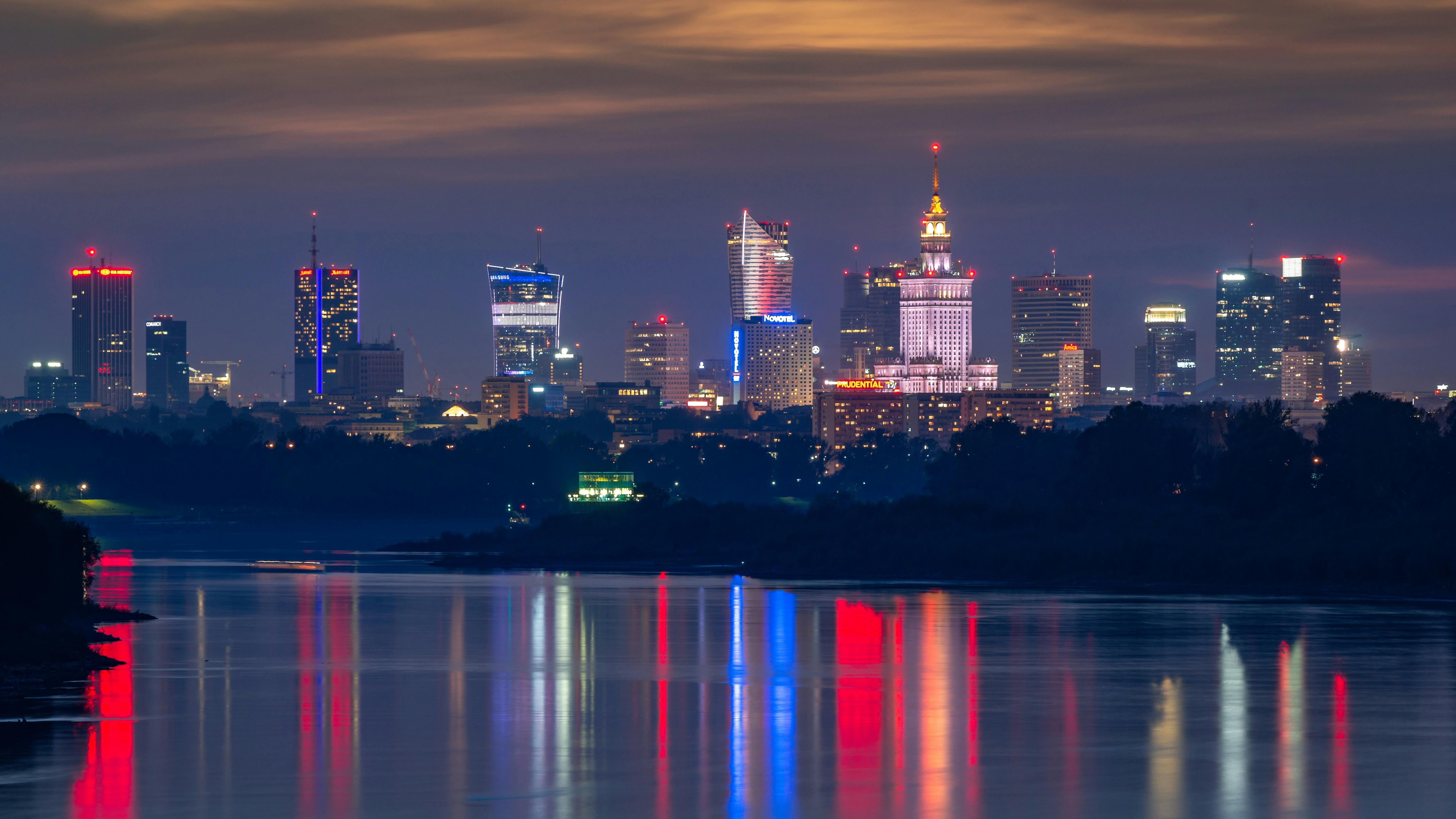 Midnight Riverside Skyline Reflections