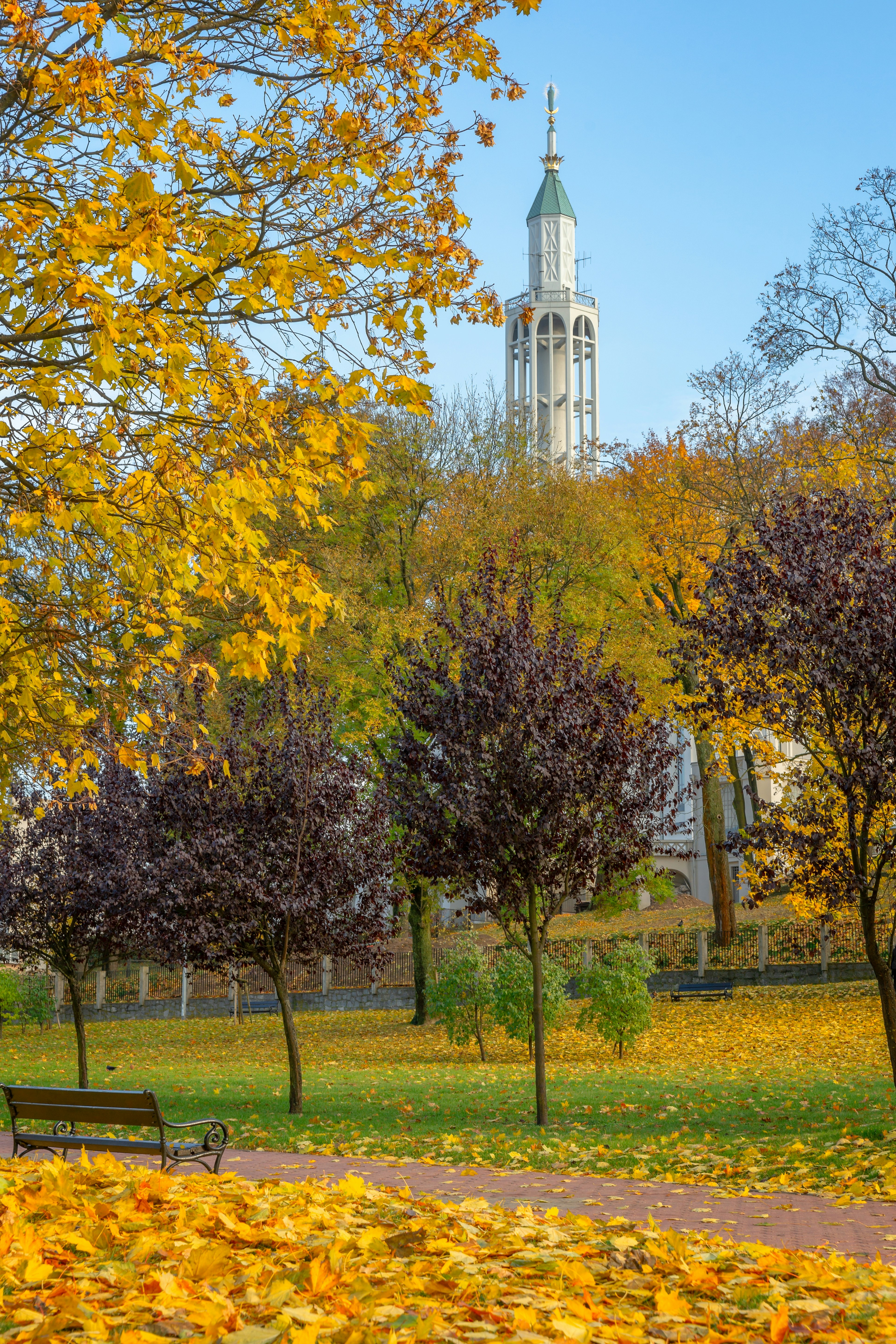 Autumn Bell Tower Framed by a Park of Colorful Foliage