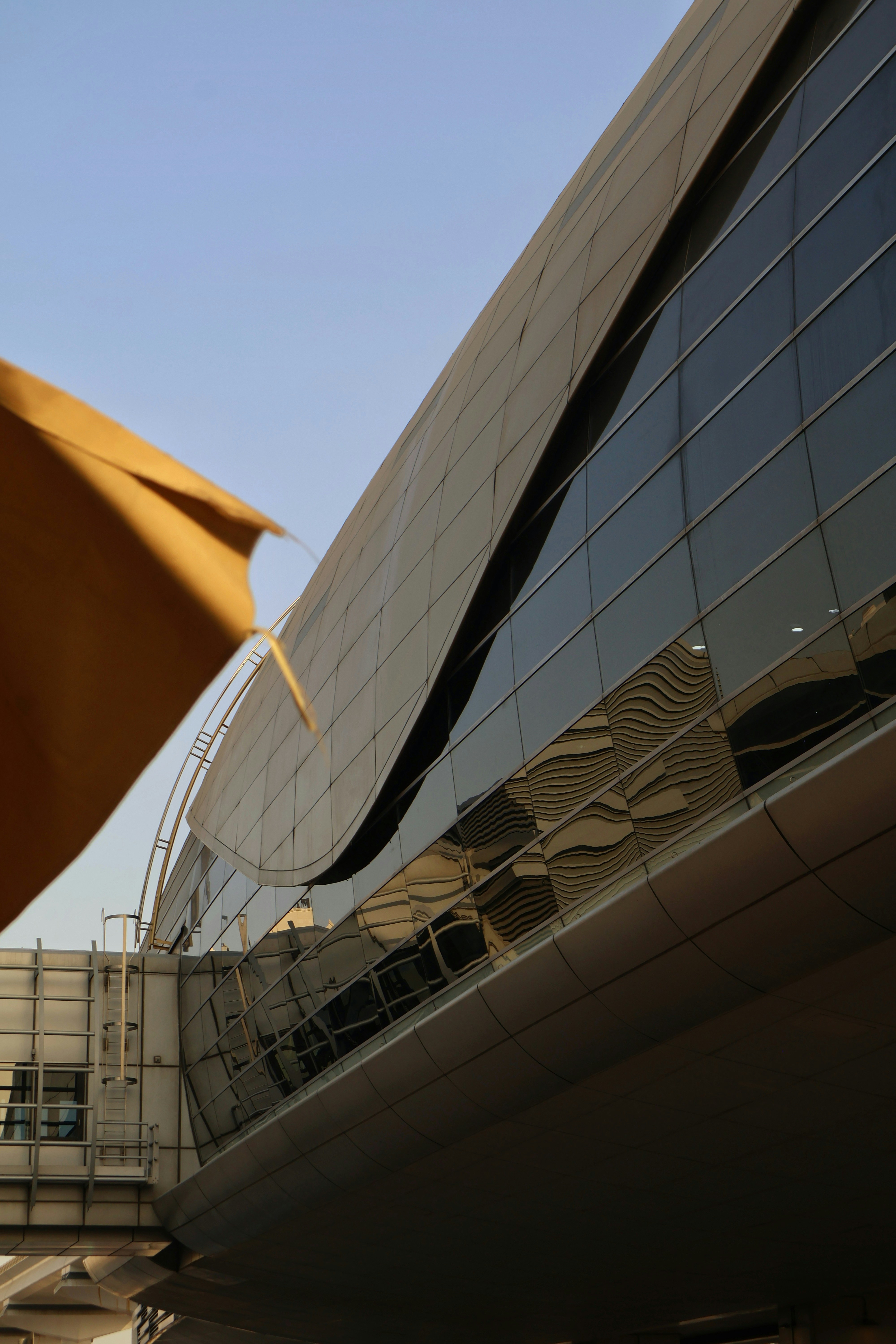 Architectural Glass Echoes: A Golden Fabric Draped by Steel