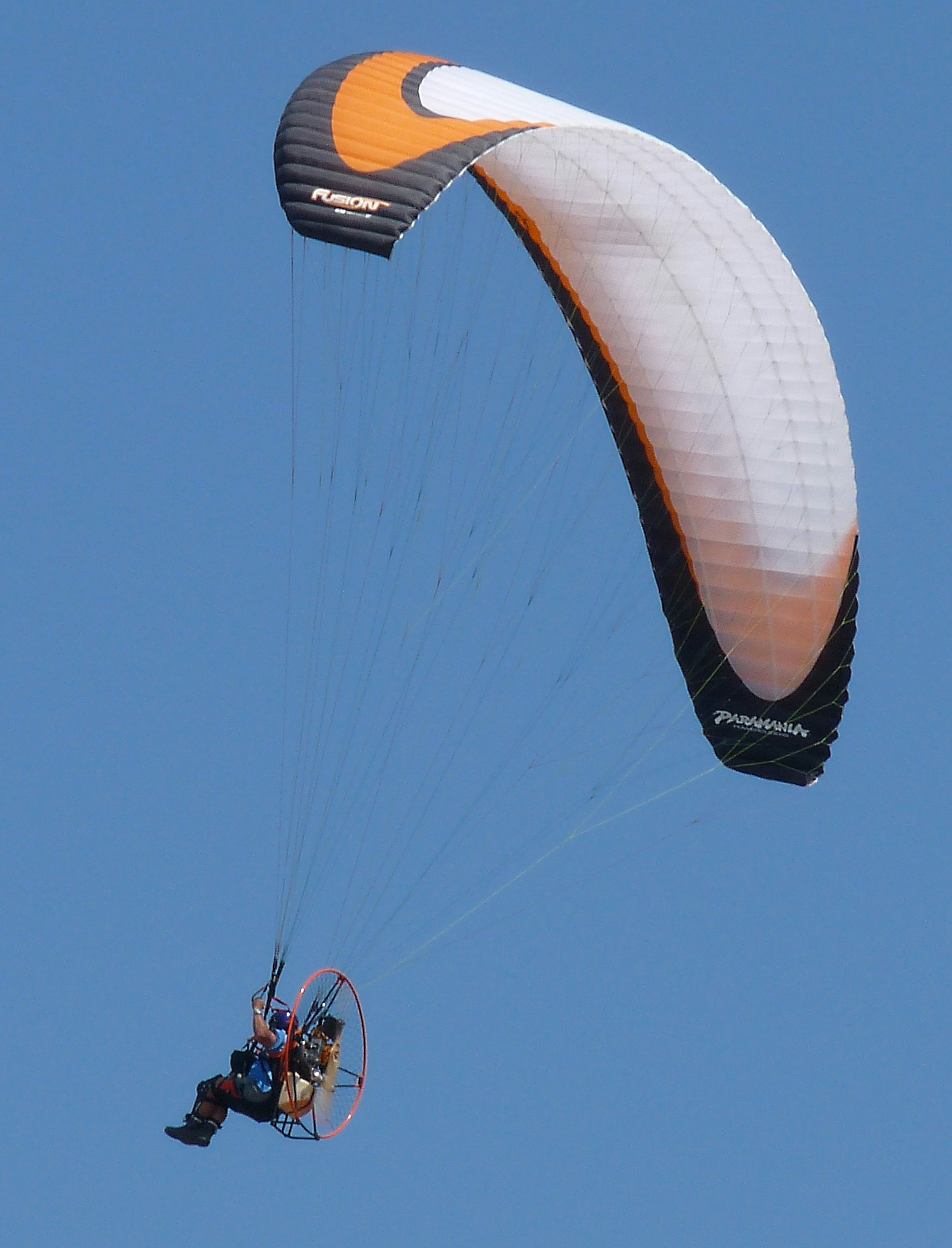 Soaring Duo: A paraglider rides the blue ridge beneath a curved canopy