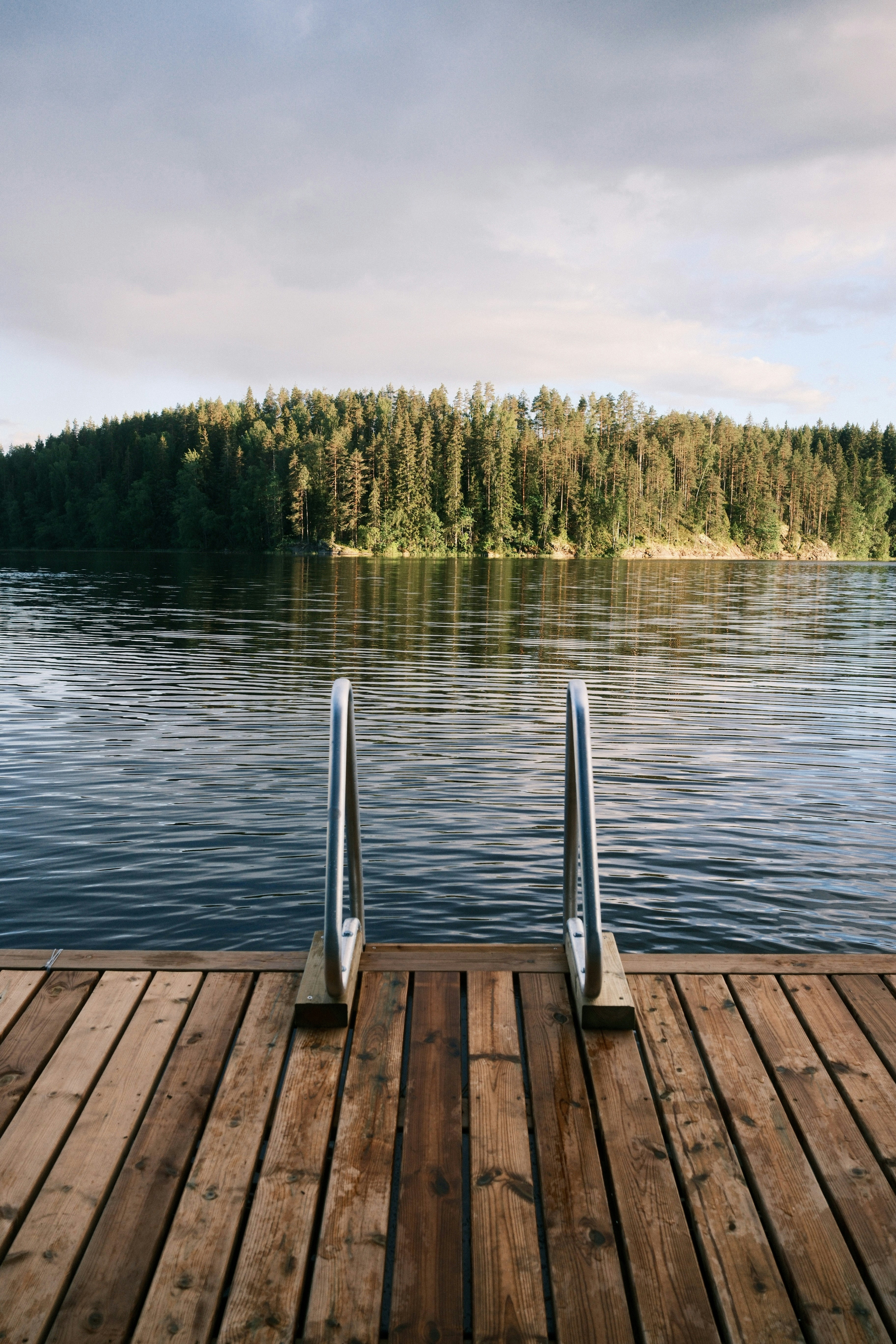 Wooden dock leading to calm lake with a tree-lined shoreline under a soft sky.