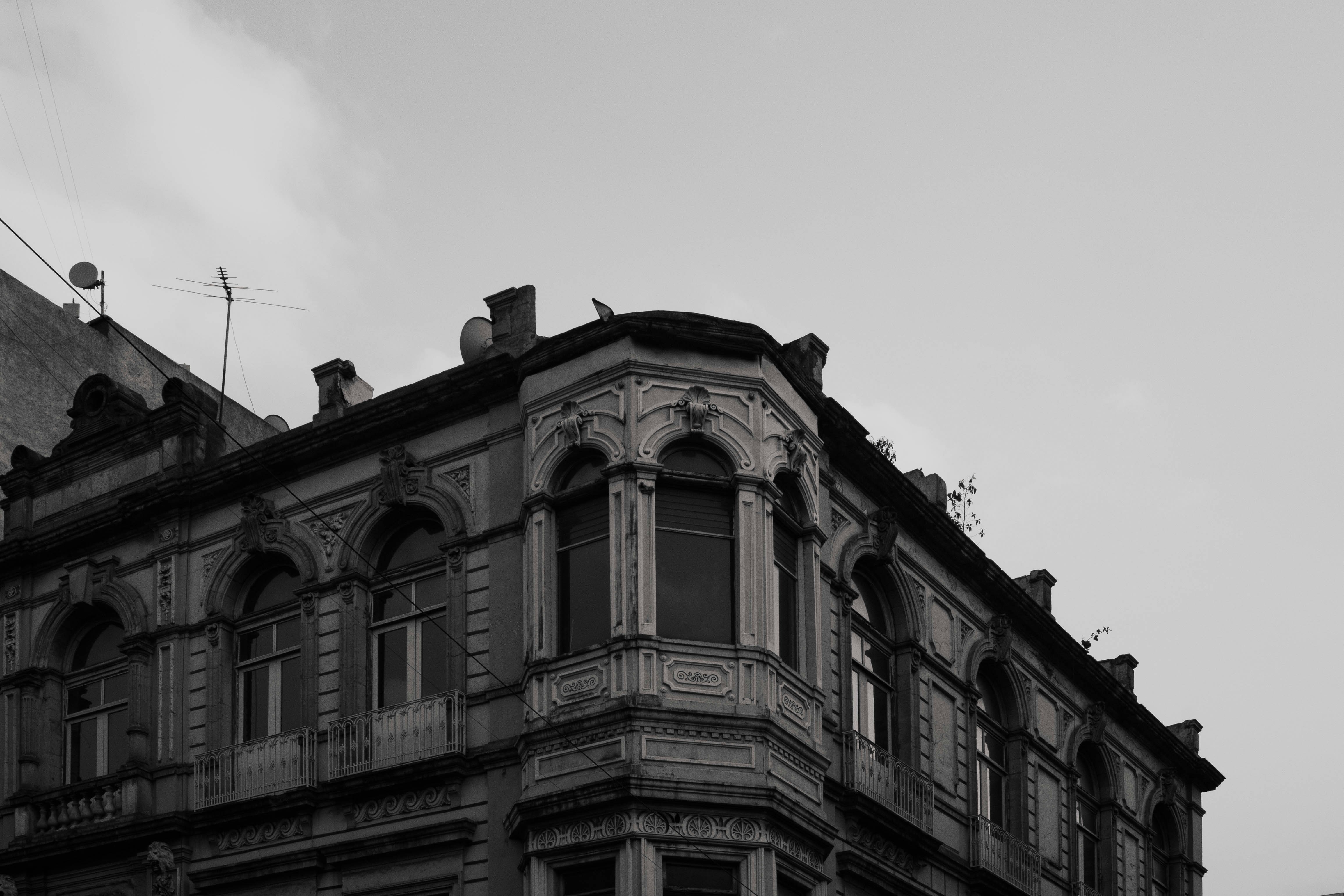 Ornate Cornerwatch: A Historic Facade in Quiet Monochrome