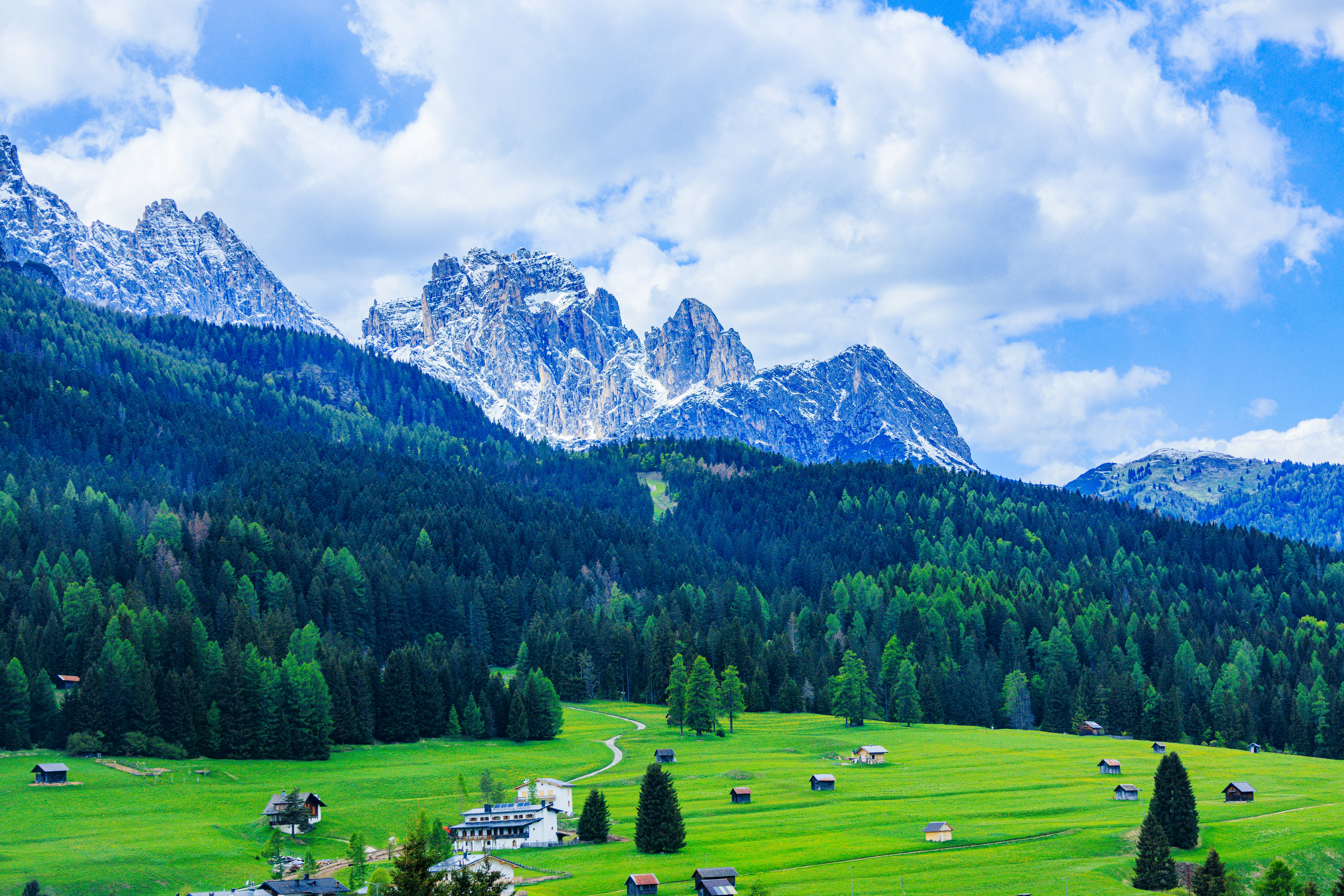 Verdant valley under jagged alpine silhouettes