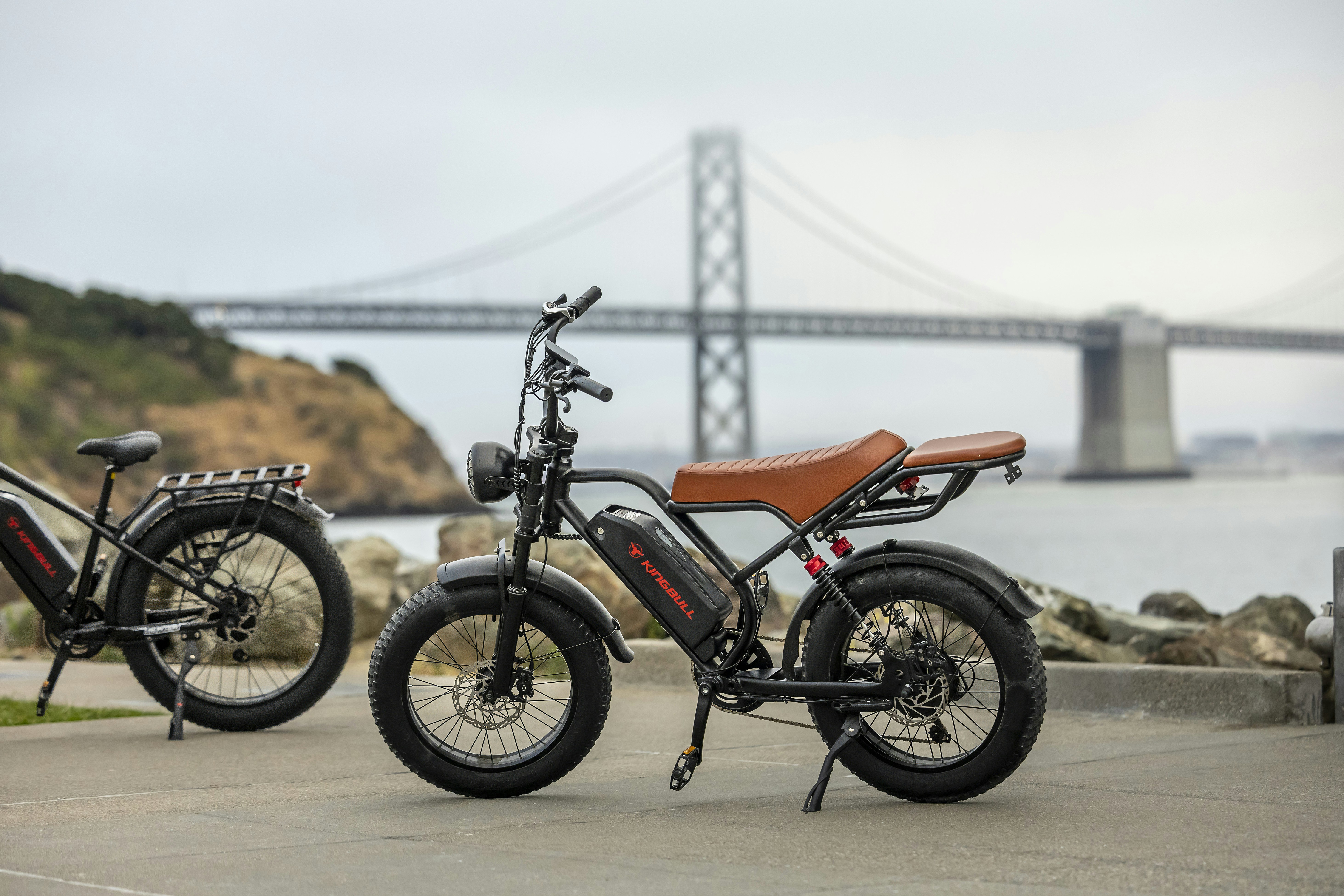 Electric Scrambler by the Shoreline: A Dual-Bike Portrait with Bay Bridge Backdrop