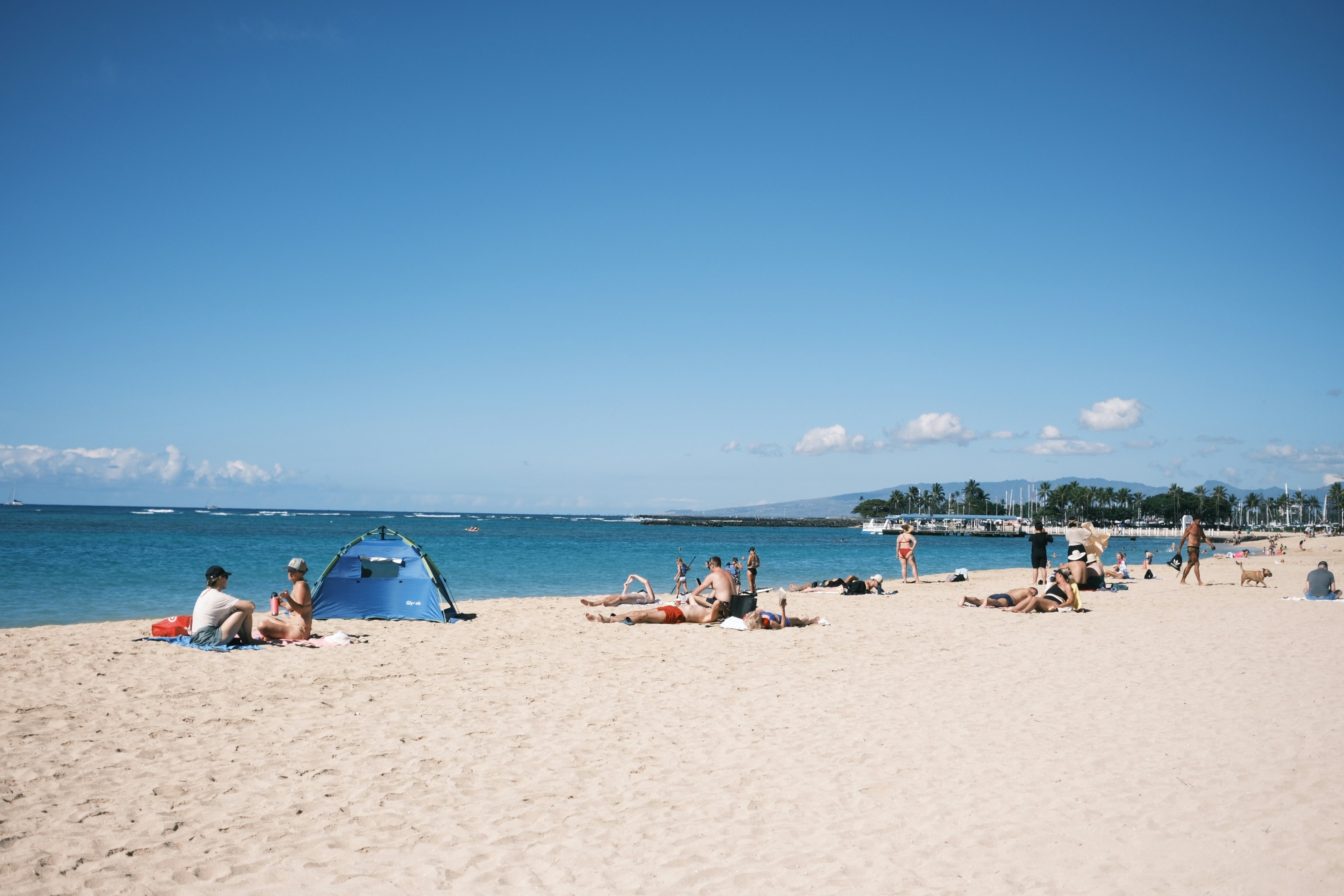 Sunny Coastline: People Relax on a Powdery Beach Under a Clear Sky