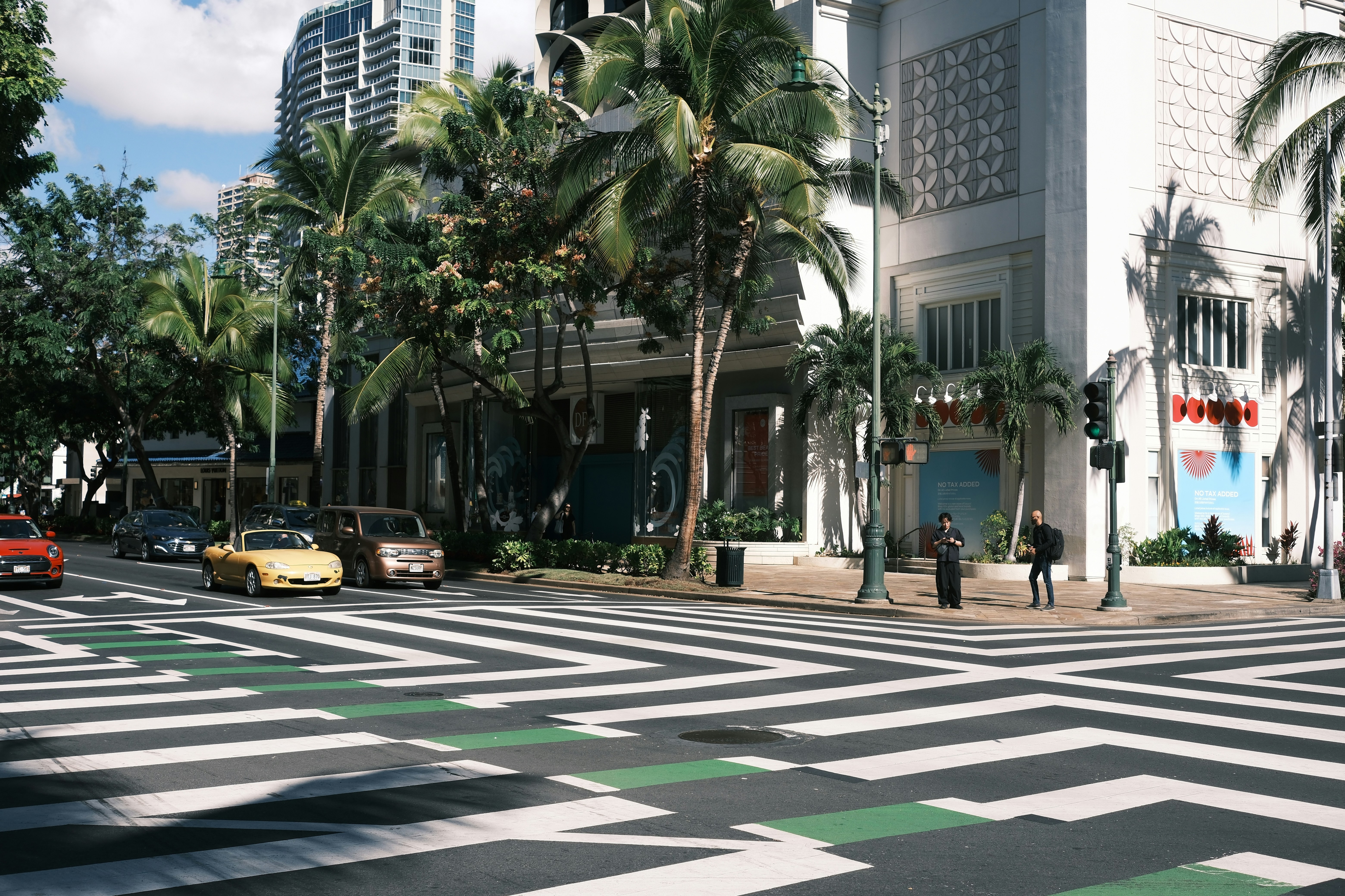 Crosswalk Rhythm Under Palm-Shaded Skyline