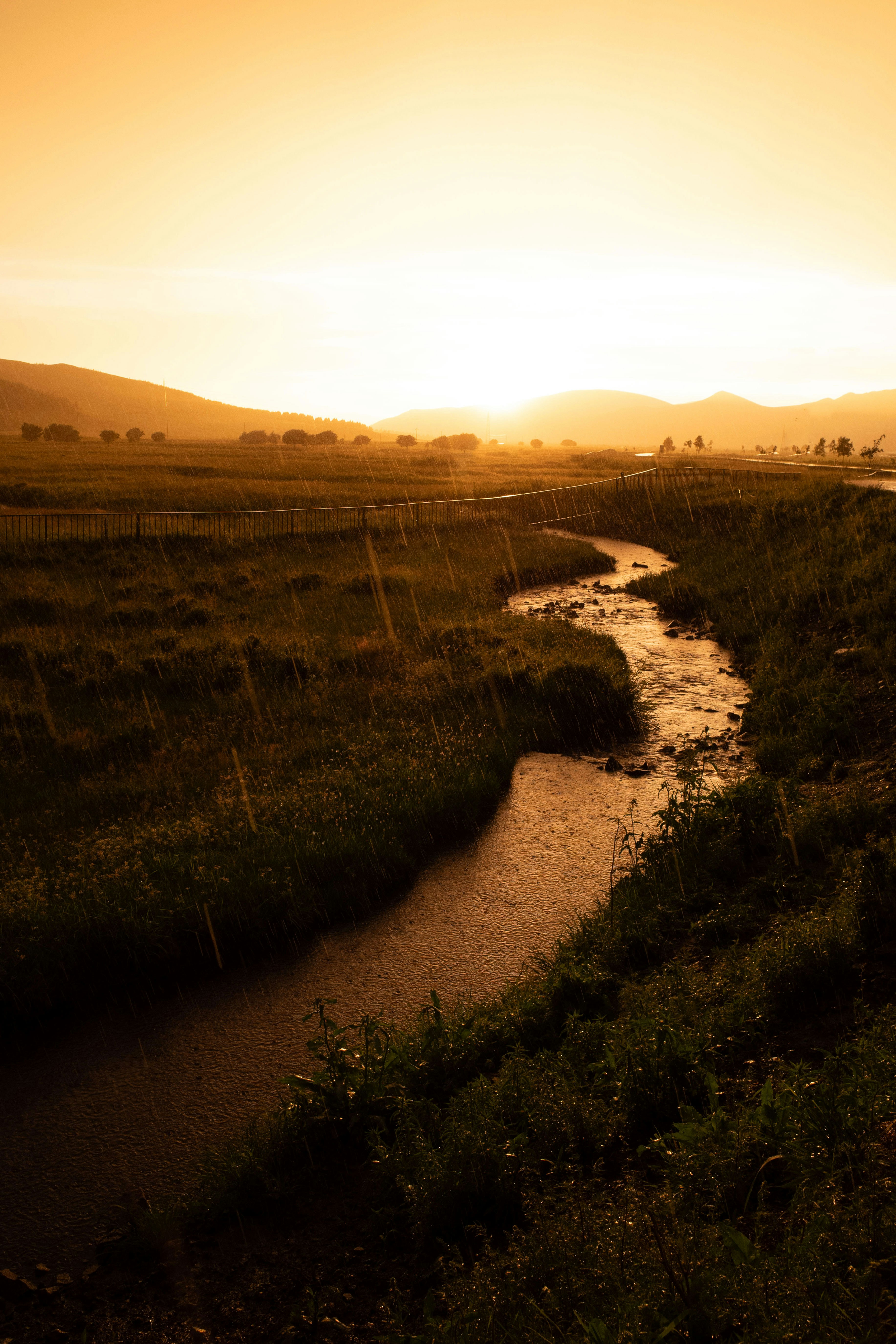 Golden Traverses: A Narrow Creek under a Backlit Horizon