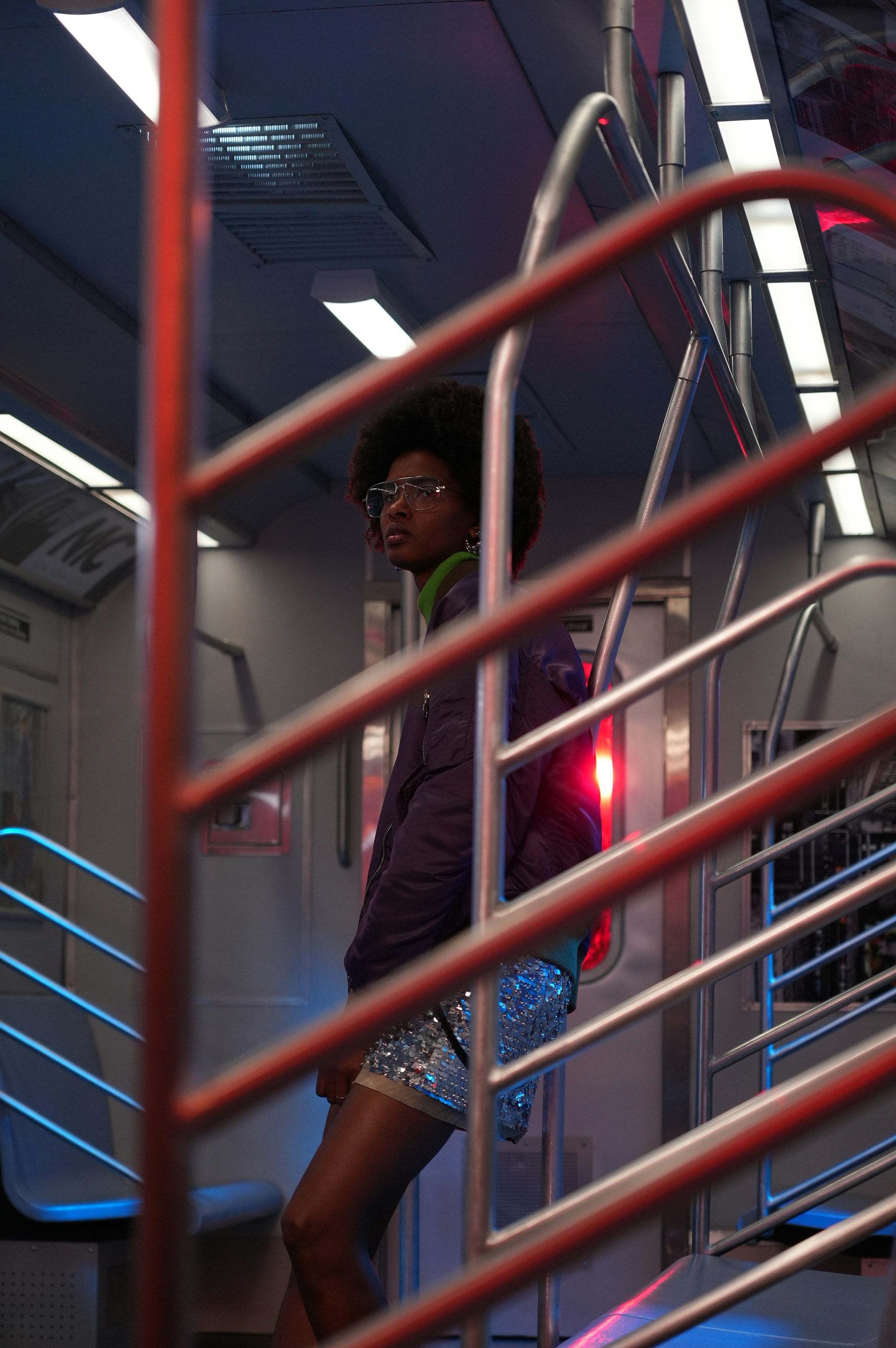 Midnight Transit: Neon Rail Rider in a Suburban Night