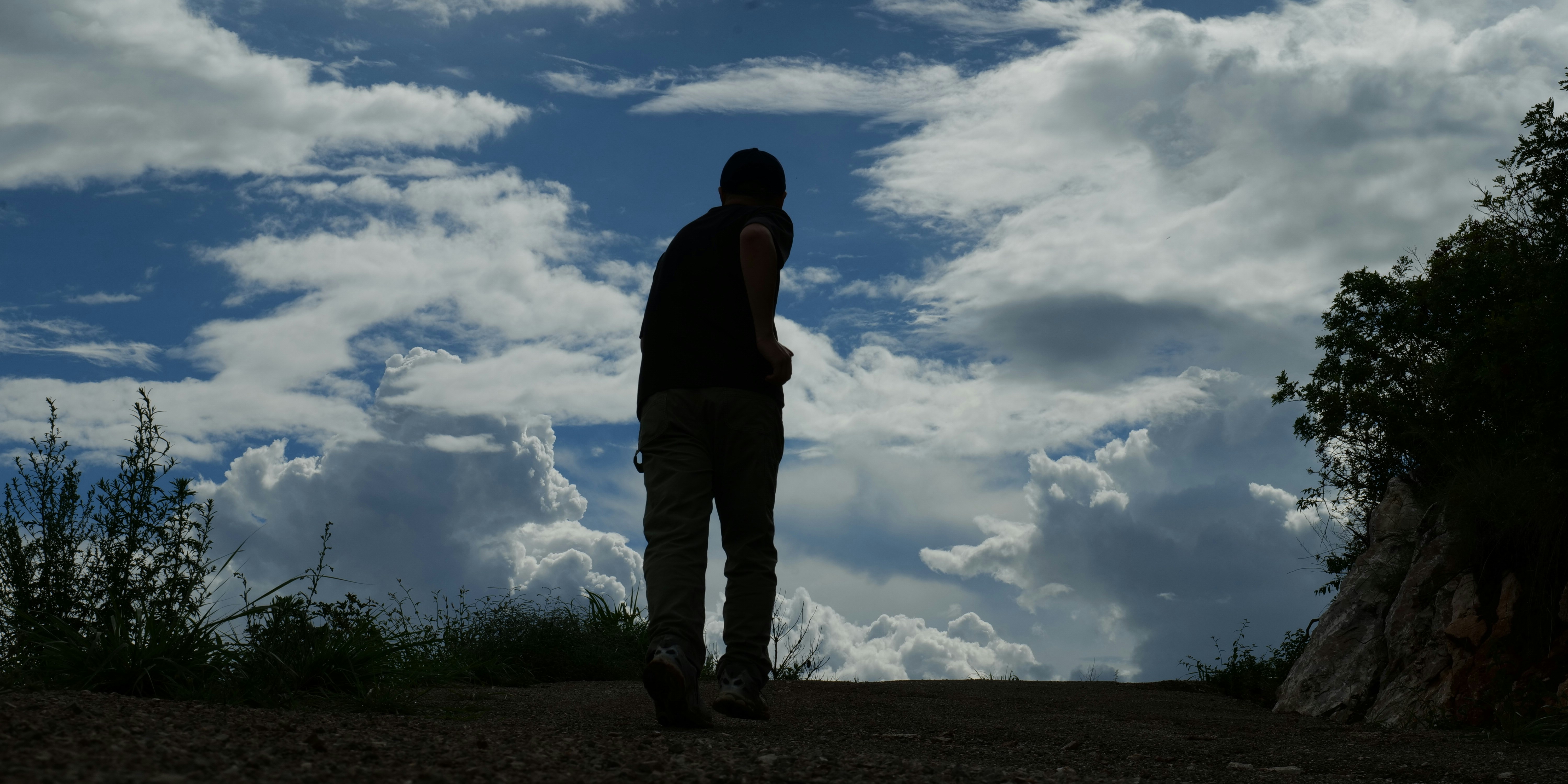 Silhouette of a person standing on a dirt path, backlit by a dramatic cloudy sky, with vegetation on the left and rocky slope on the right. A minimal, atmospheric portrait of solitude and scale.