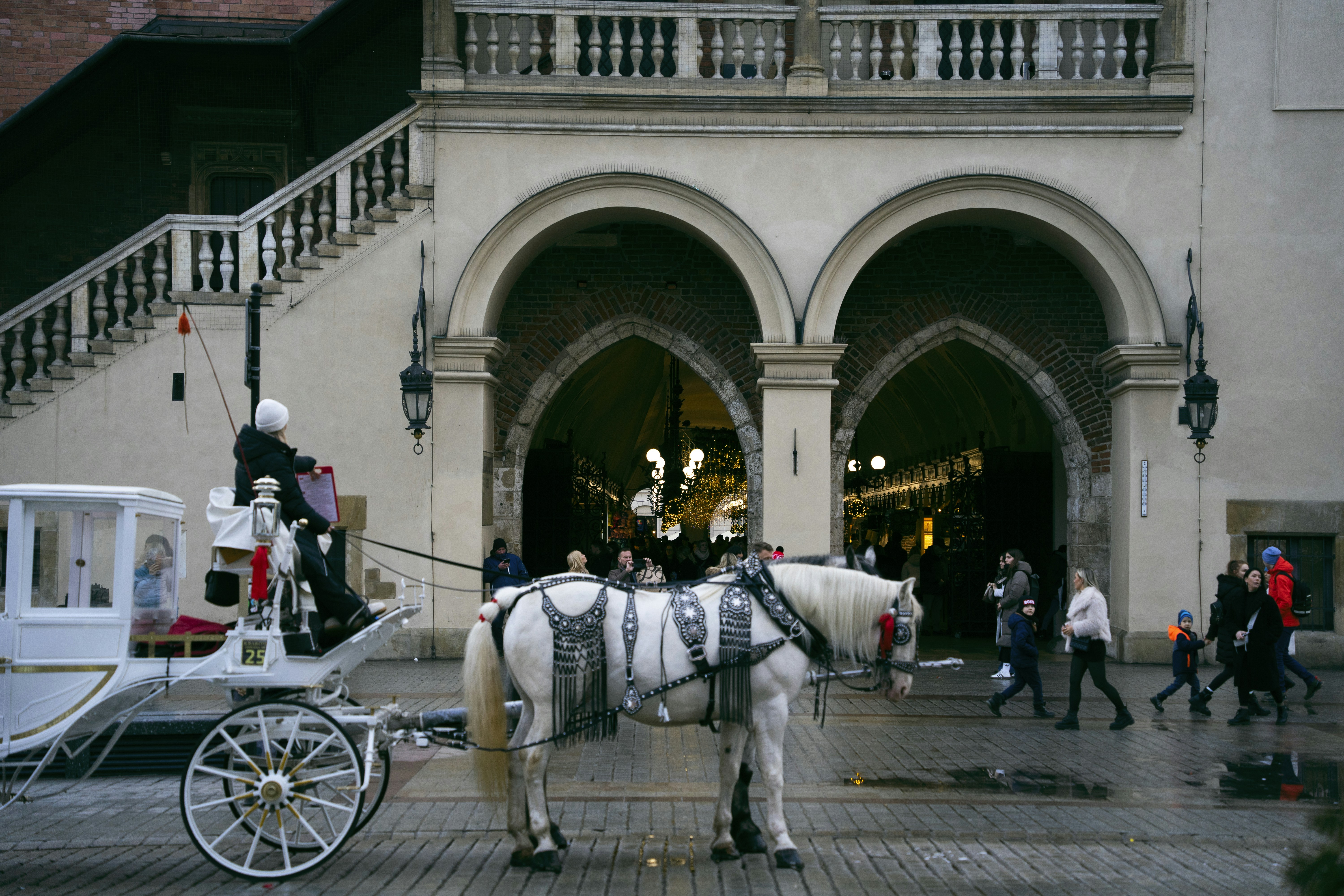 Horse-drawn carriage at a European arcade entrance