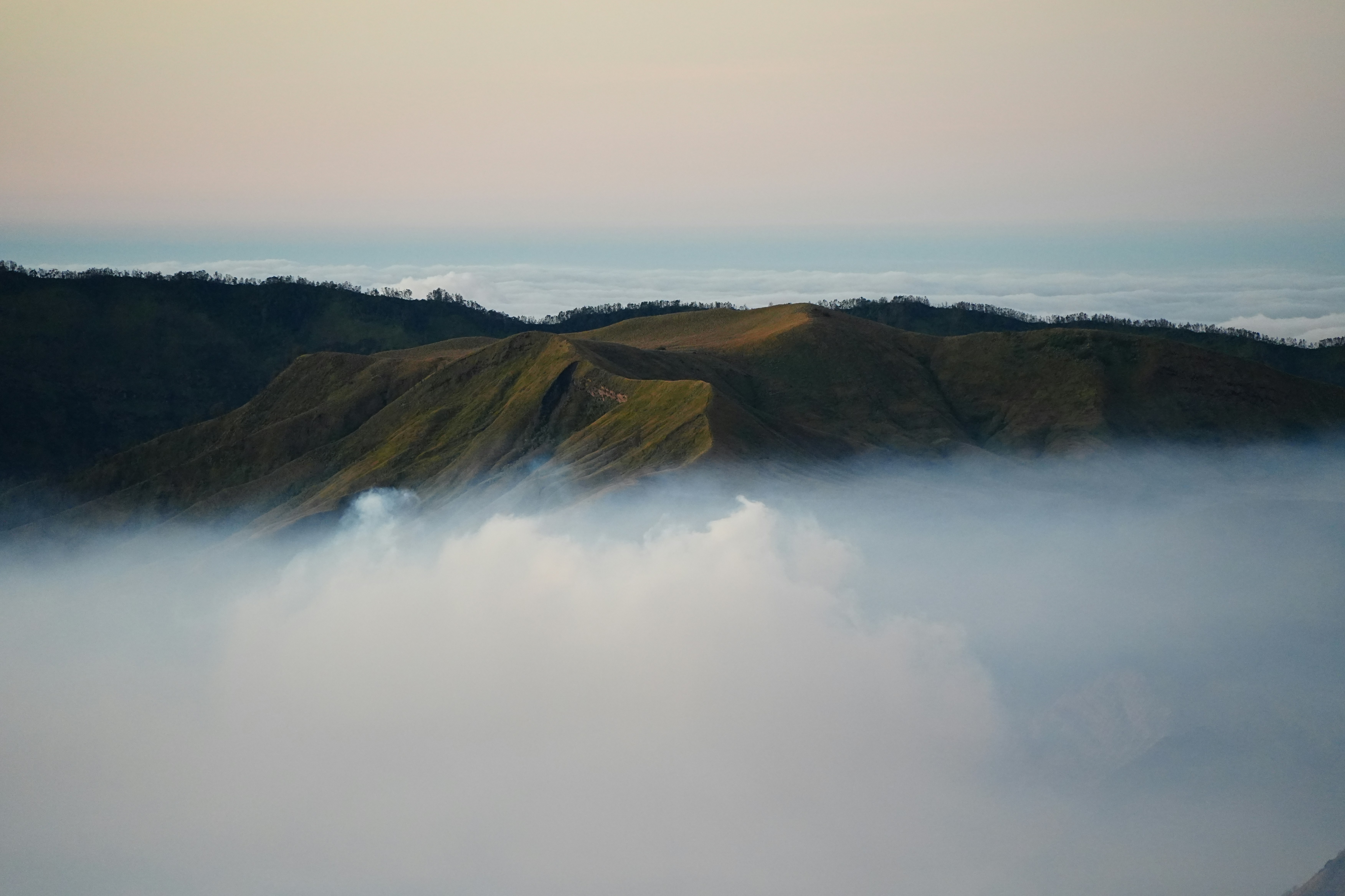 Sunlit Saddle atop a Mist-Willed Ridge at Dawn