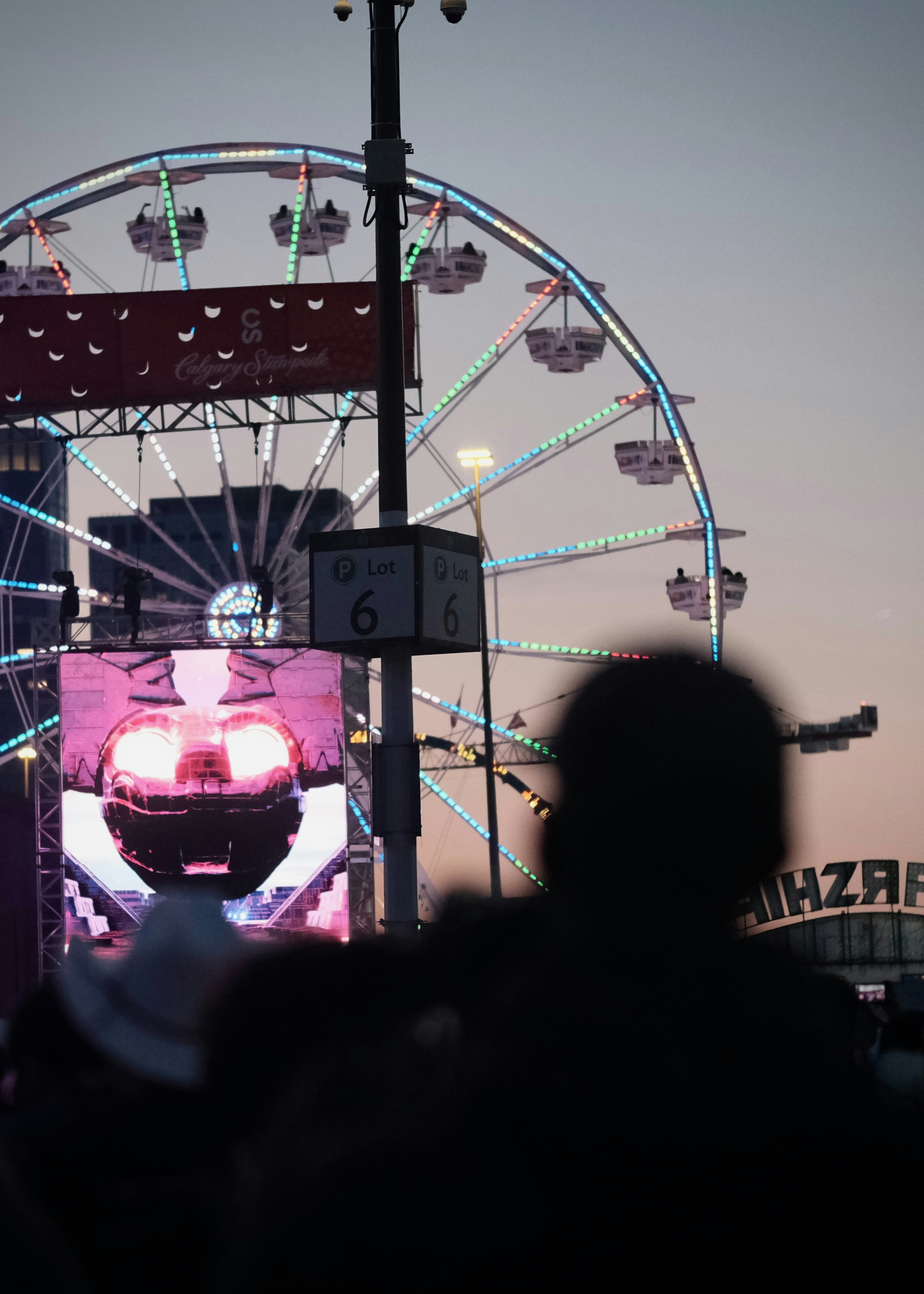Neon Wheel and Shadowed Crowd at Dusk
