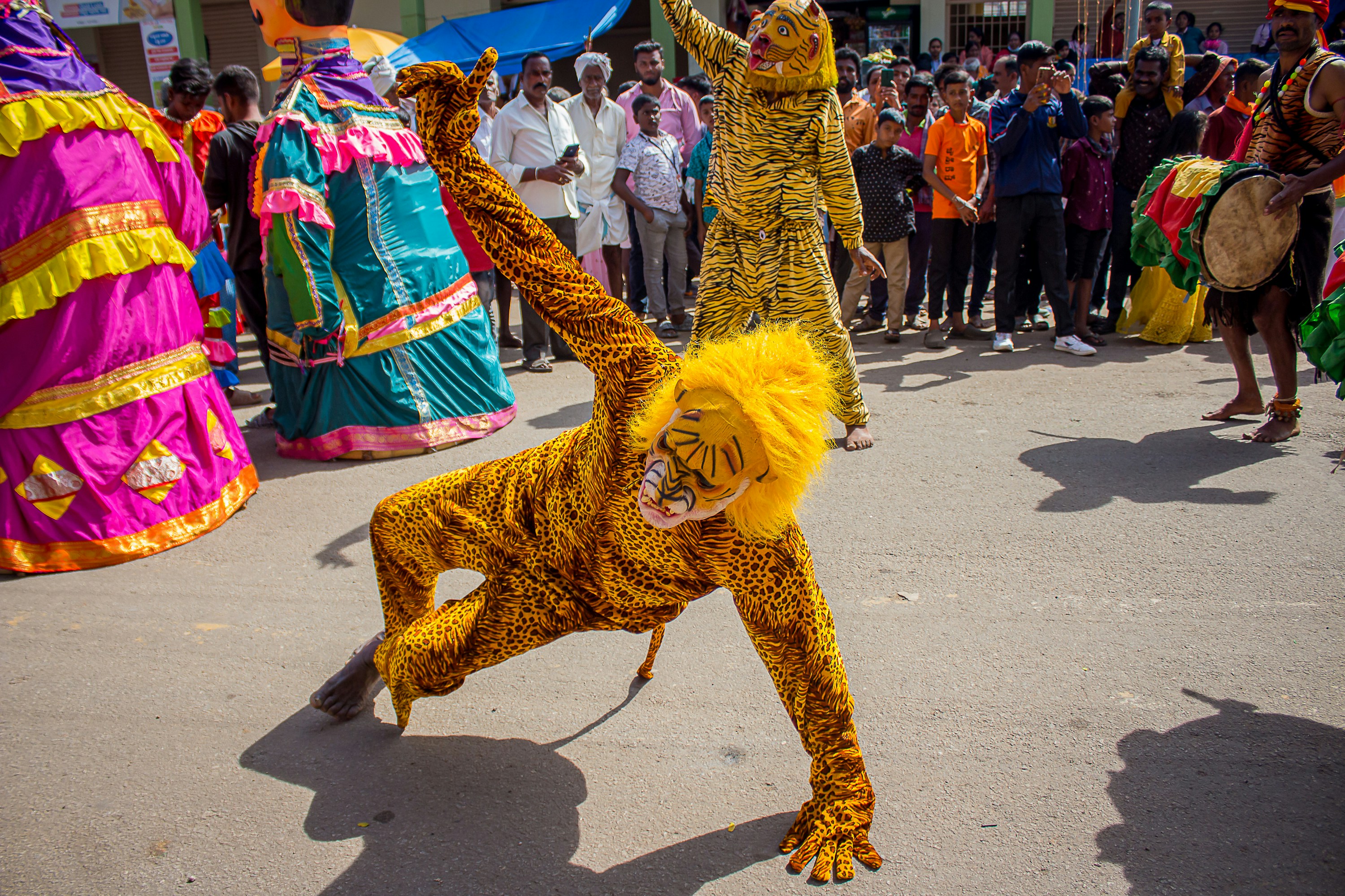 Tiger dancer balances on the edge of a crowd during a colorful street festival