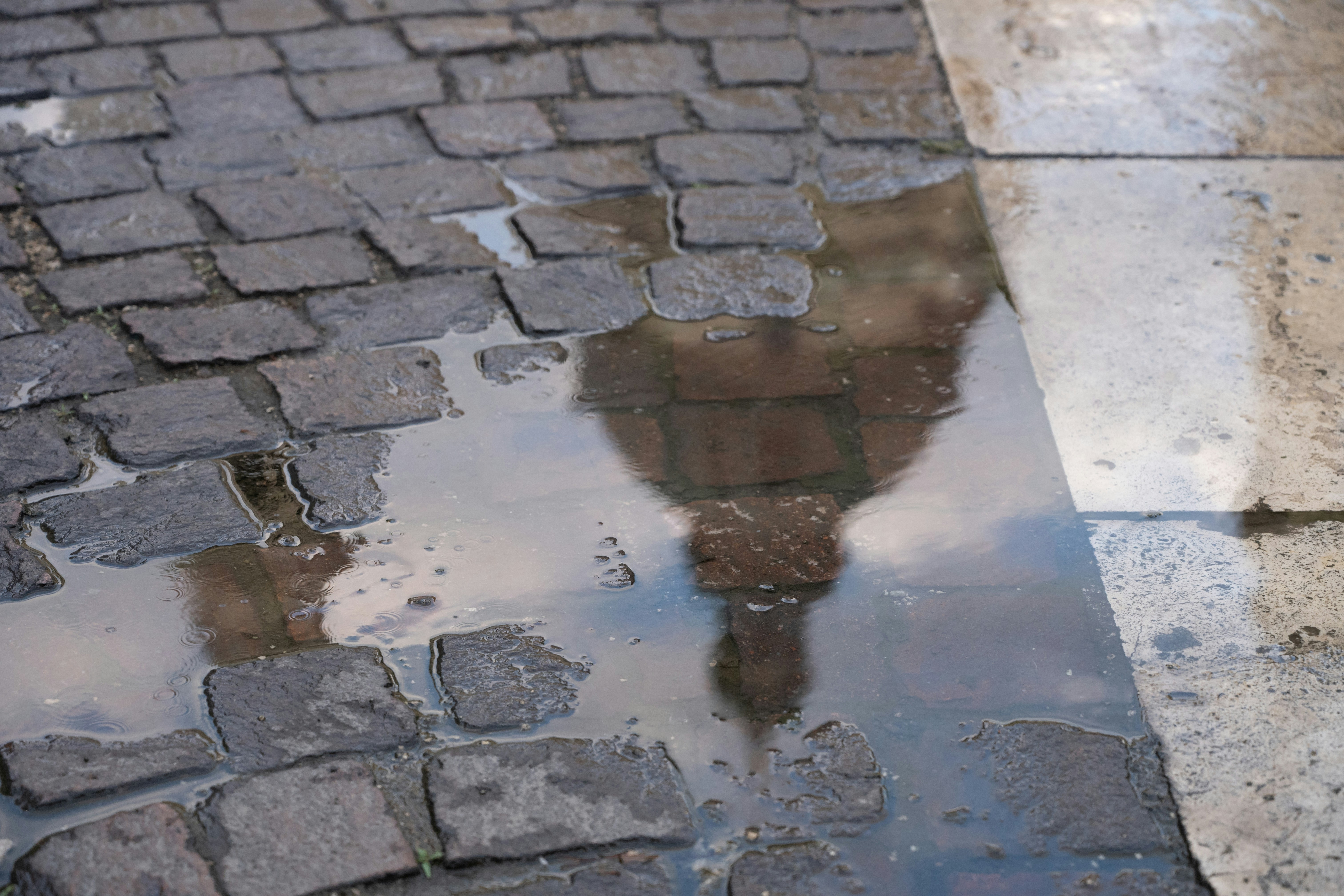 Puddle Portrait: A Blurred Cathedral in Street Reflections
