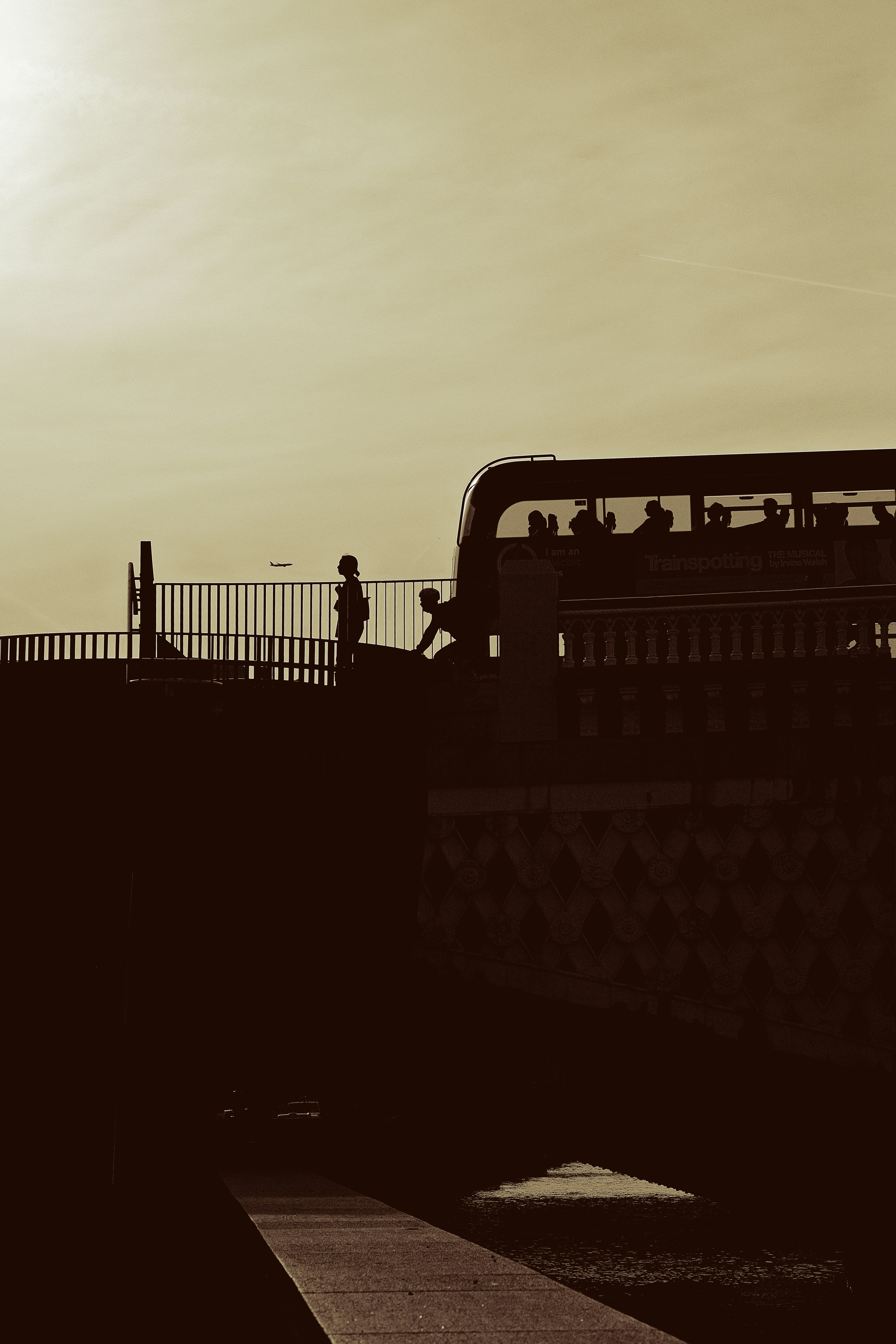 Silhouetted overlook: a sunset ferry and railing against the horizon
