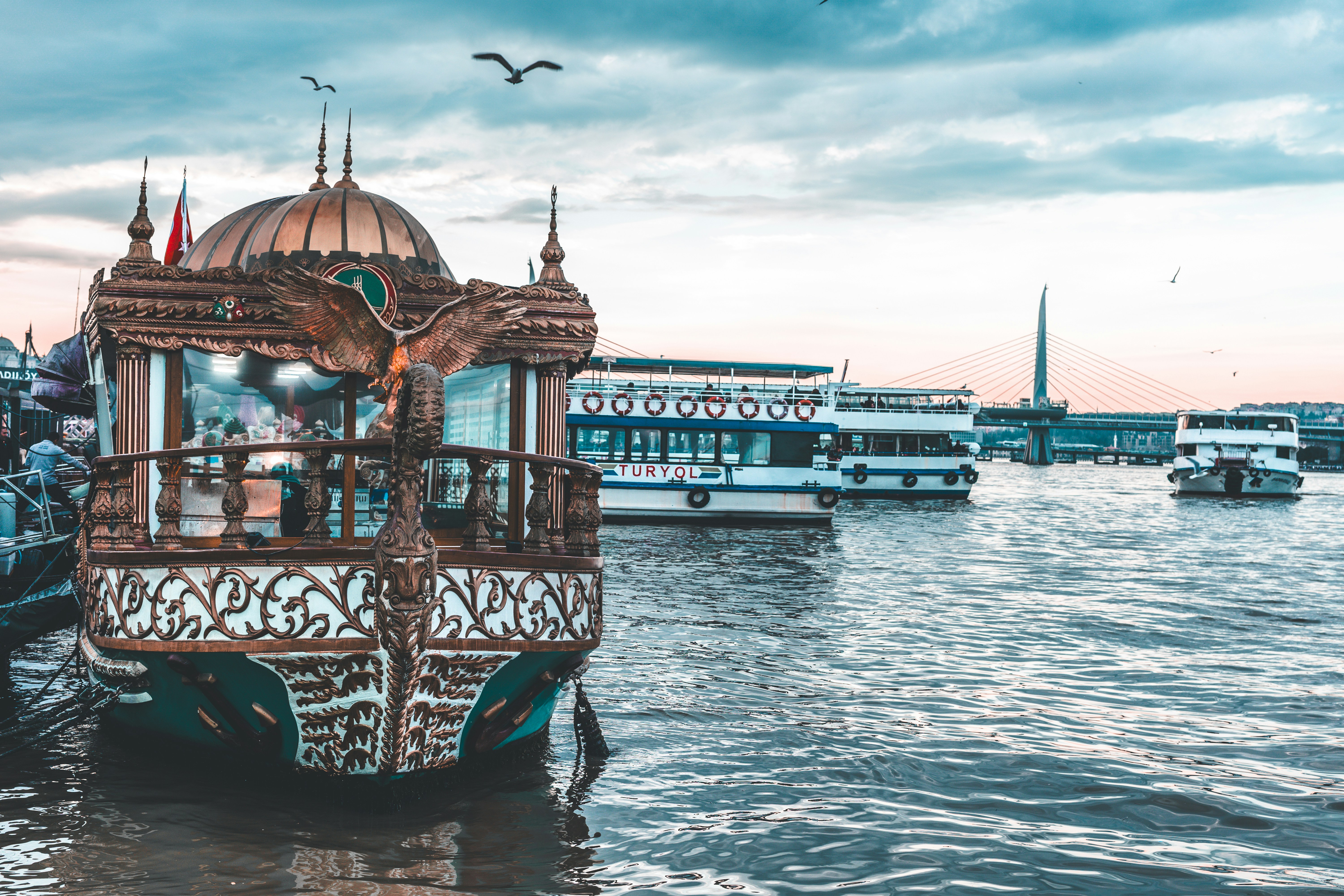 Ornate Boat at the Waterfront: Carved Dragon Bow and Riverfront Vessels