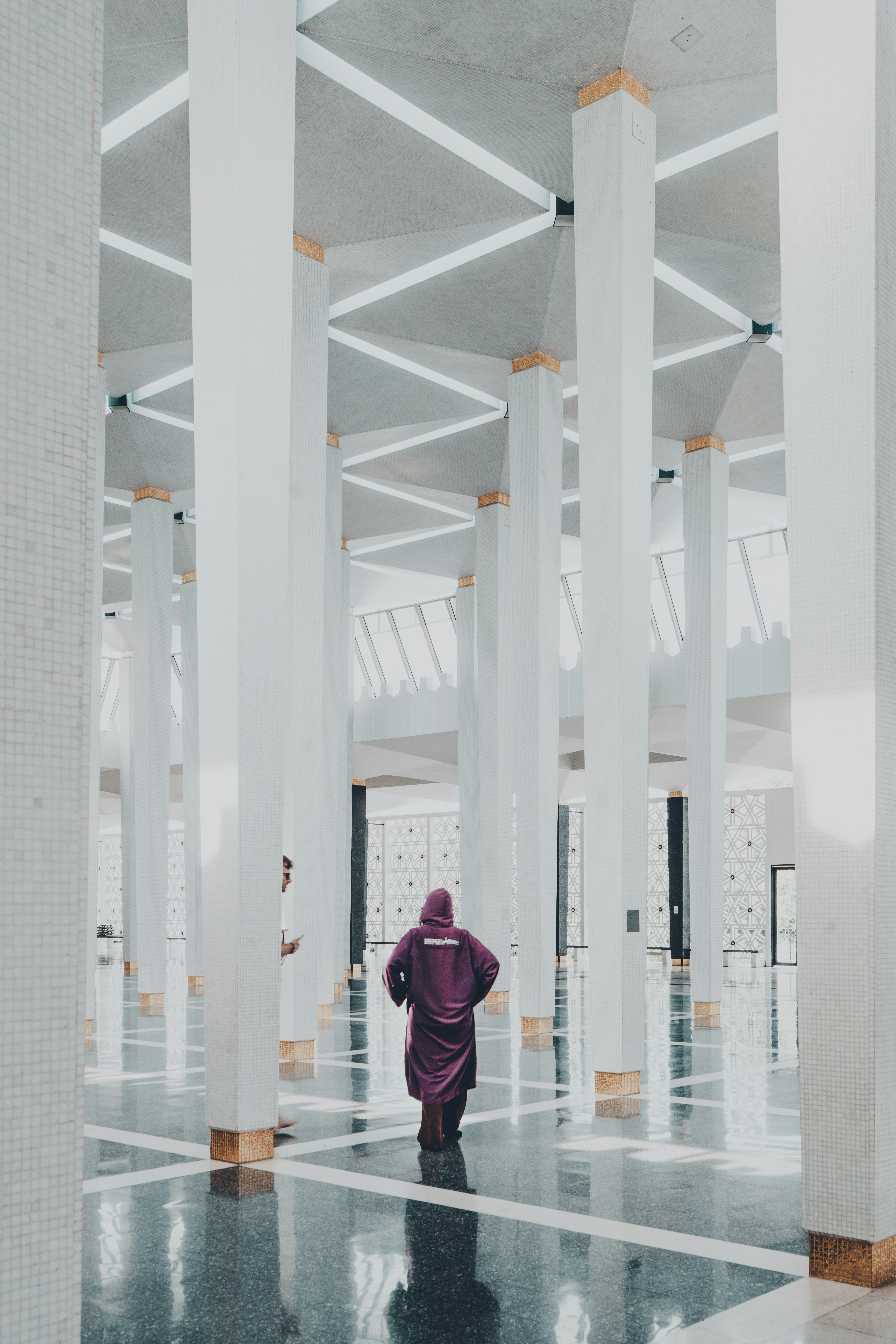 A single figure in a geometric cathedral of columns