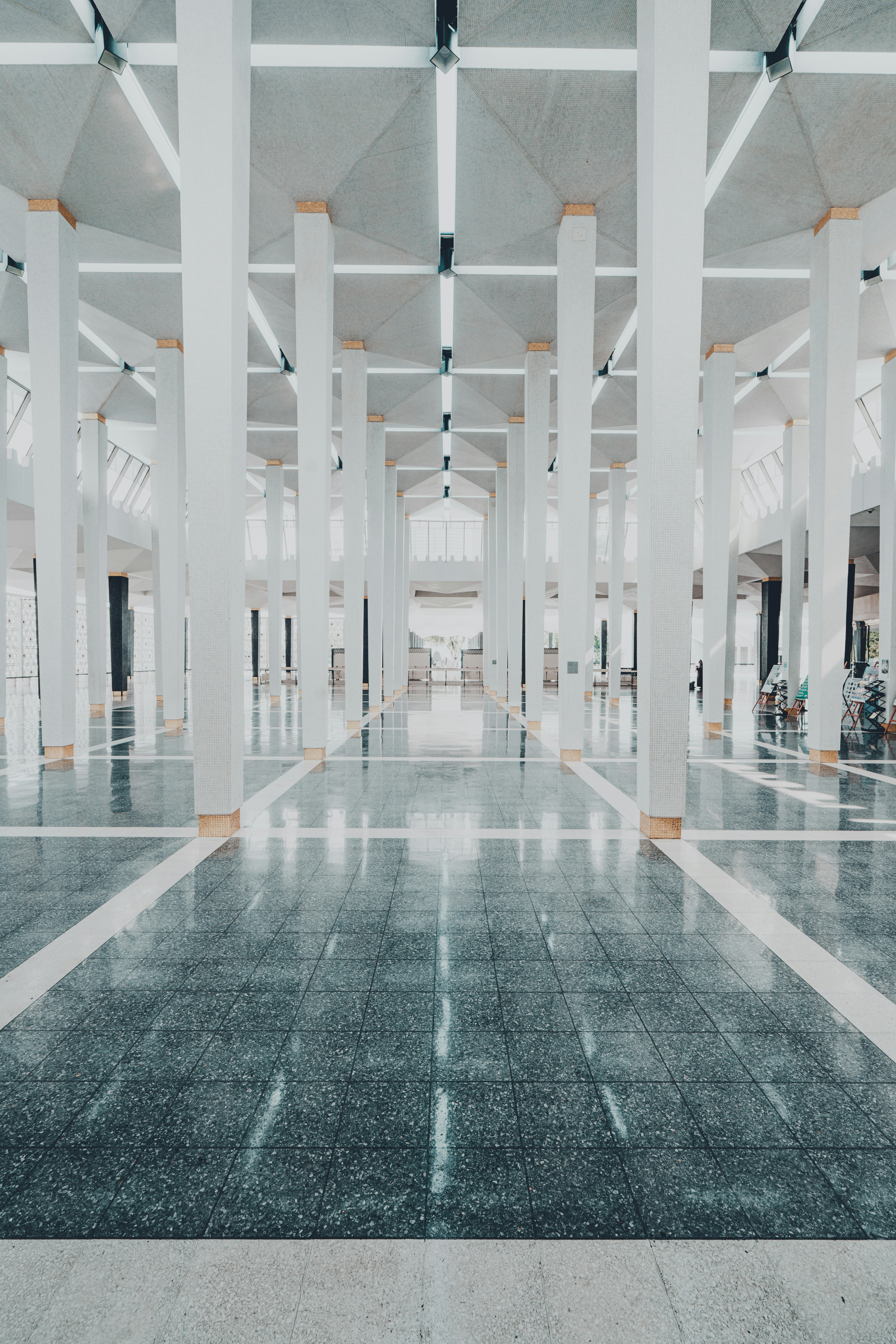 Symmetrical Atrium: Vanishing Lines Through Light and Columns