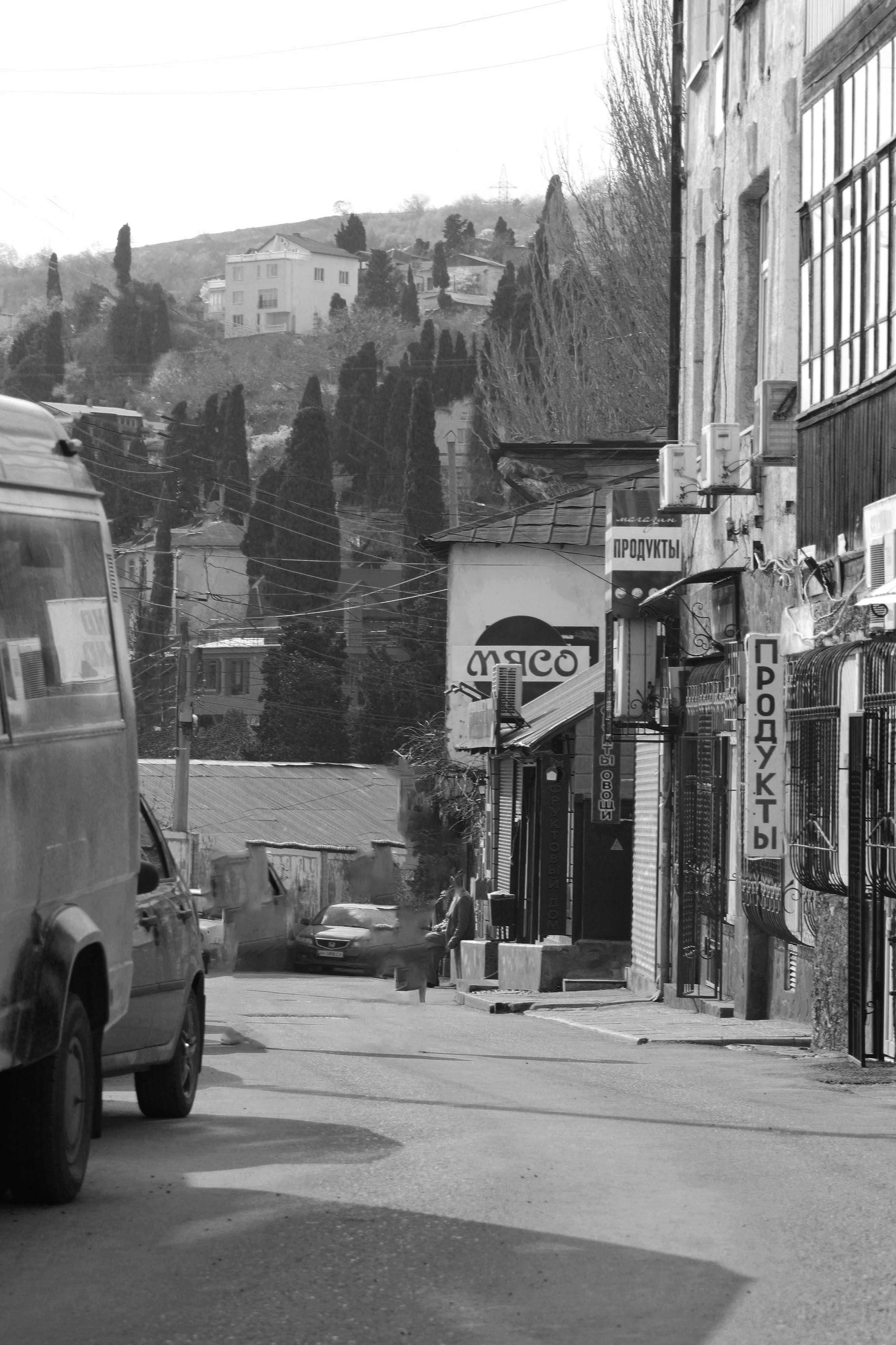 Street Scene in Monochrome: A Quiet Corridor of Shops and Passing Vehicles