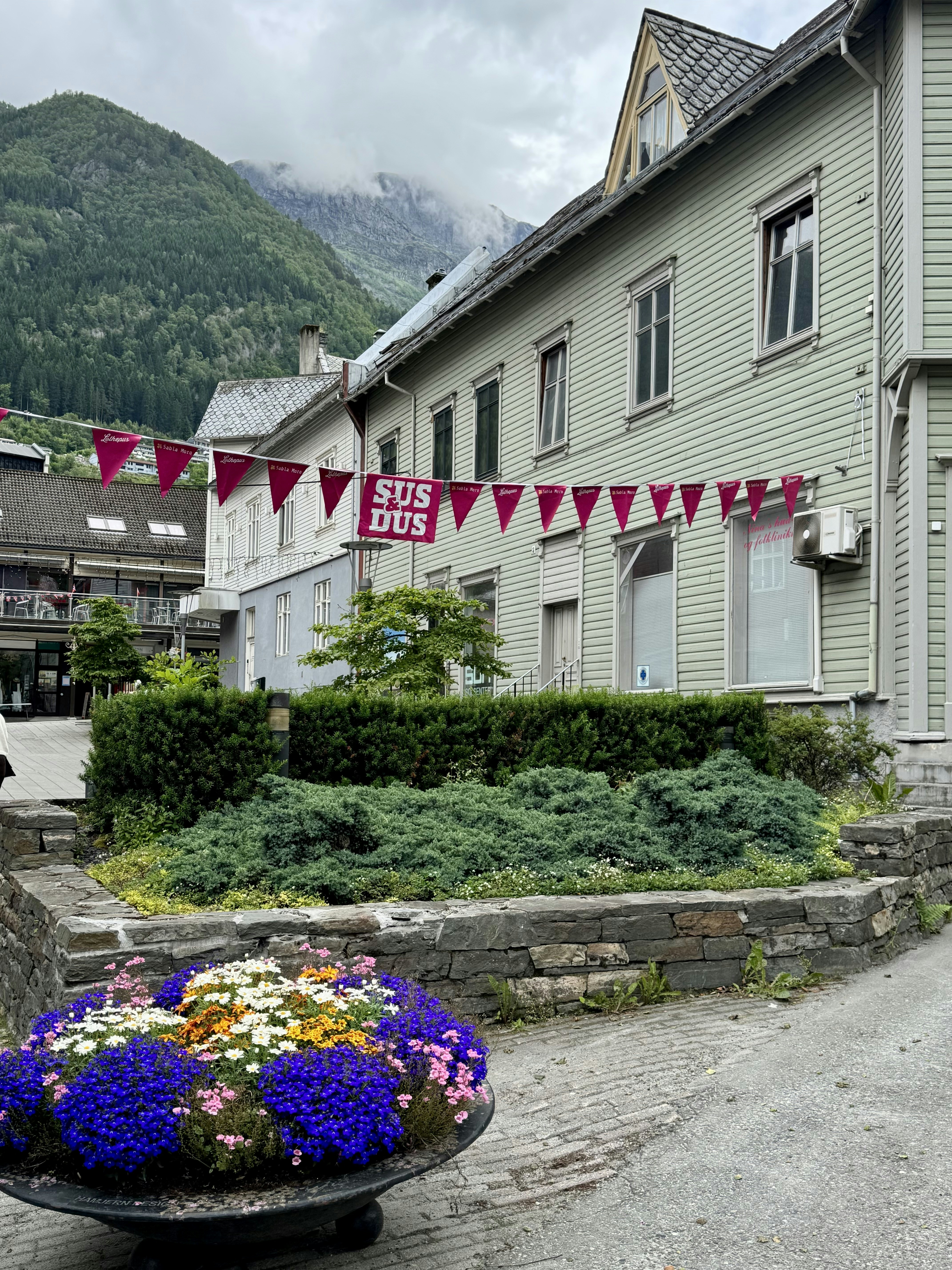 Festooned Fachwerk: A Norwegian Townscape with Flower Bed and Alpine Backdrop