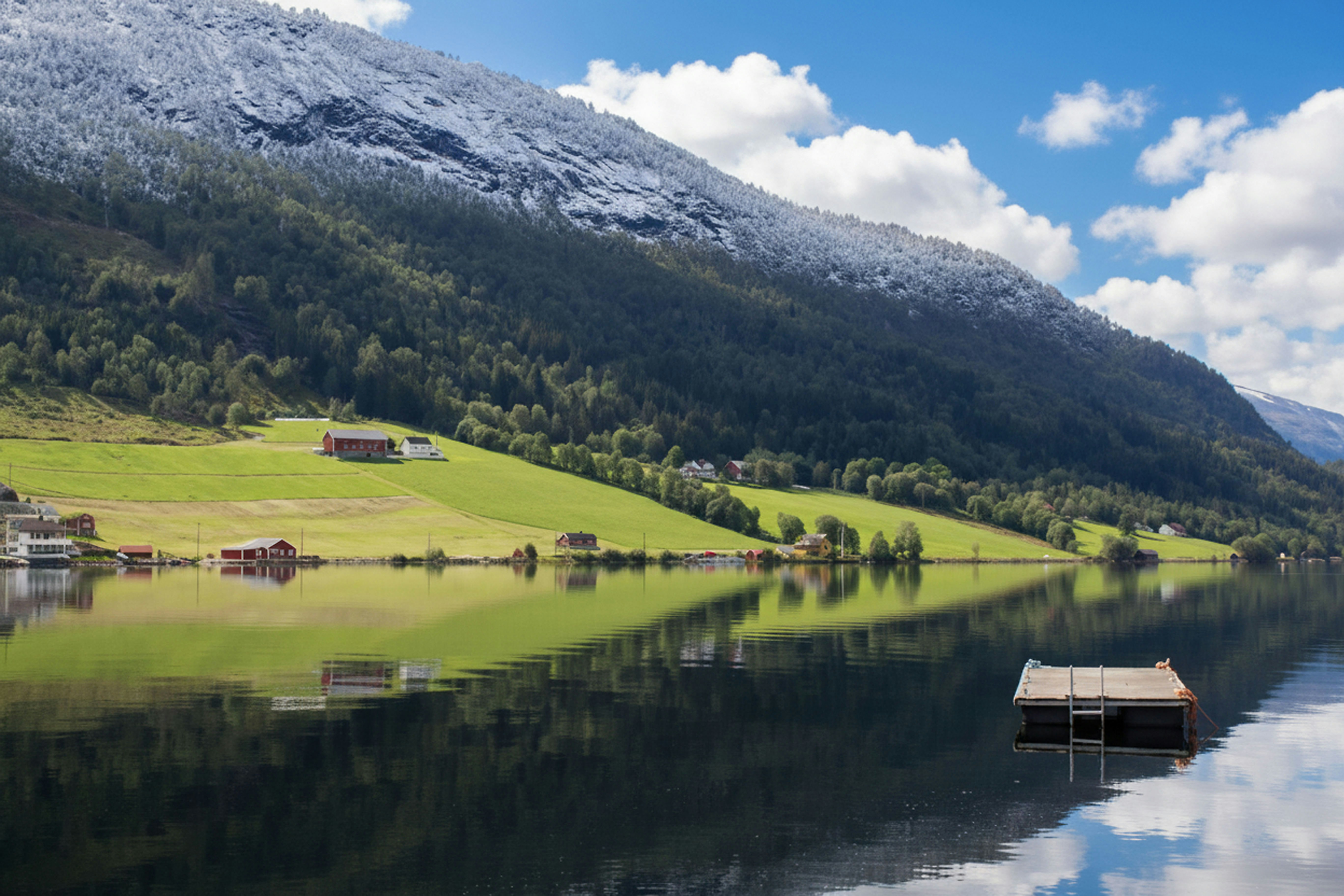 Lakeside Village Beneath a Mountain Mirror