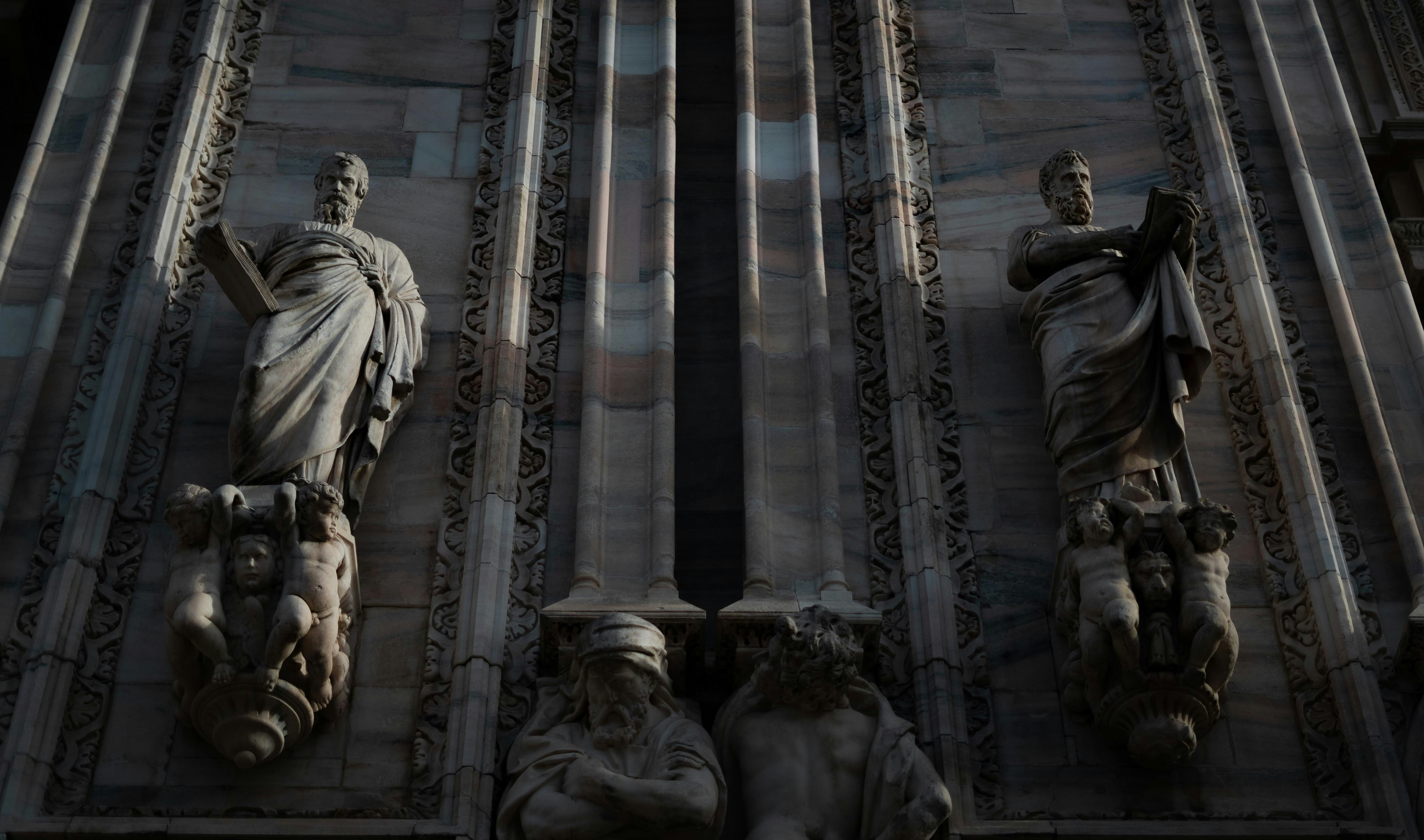 Guardians of Stone: Twilight Facade with Carved Sentinels