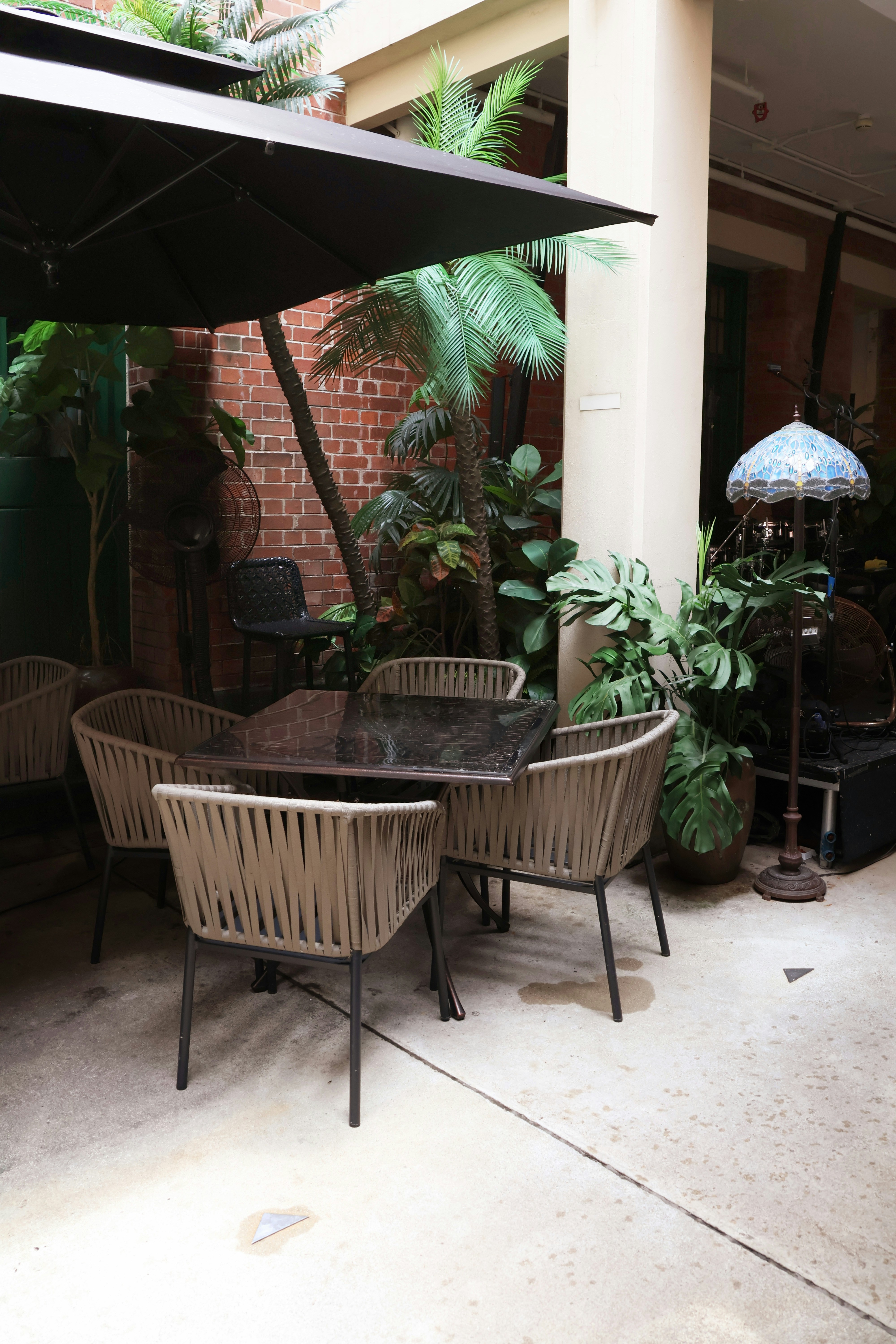 Shaded Terrace Café with Woven Chairs and Tropical Plants