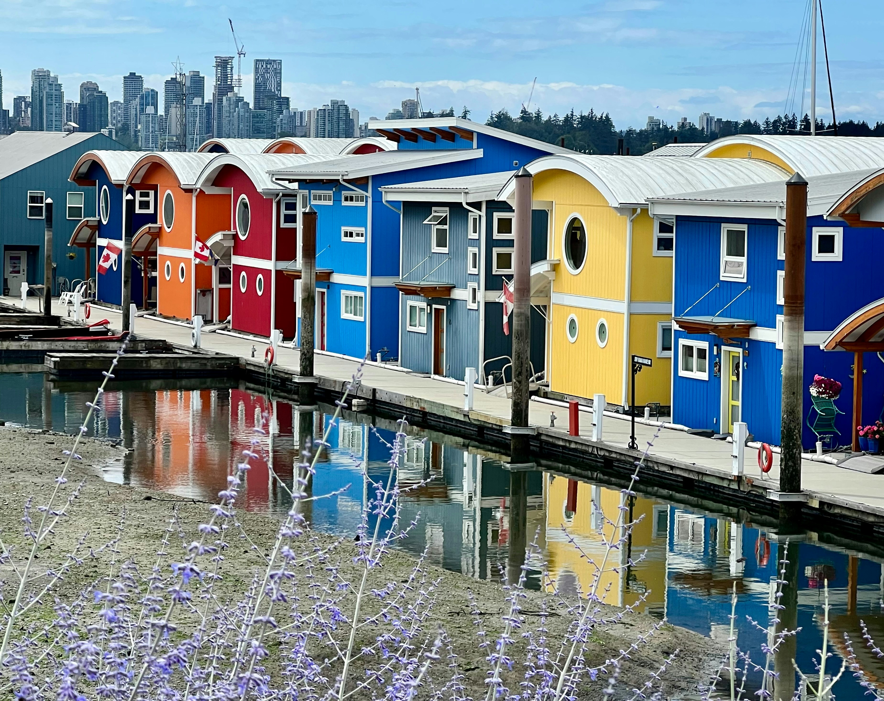 Row of Colorful Boathouses Reflecting in Calm Marina
