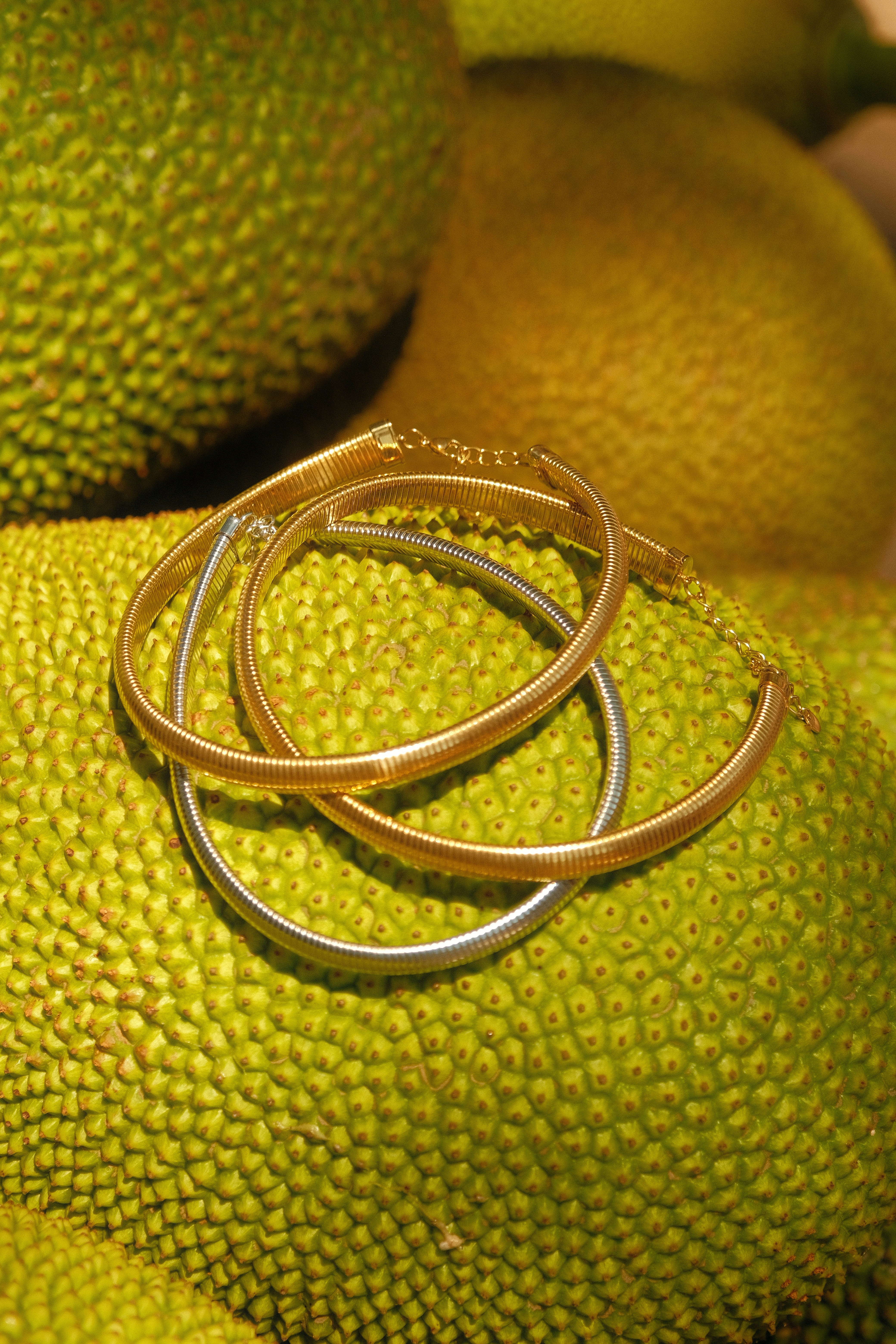 Coiled Gold and Silver: Rings Resting on Textured Fruit Texture