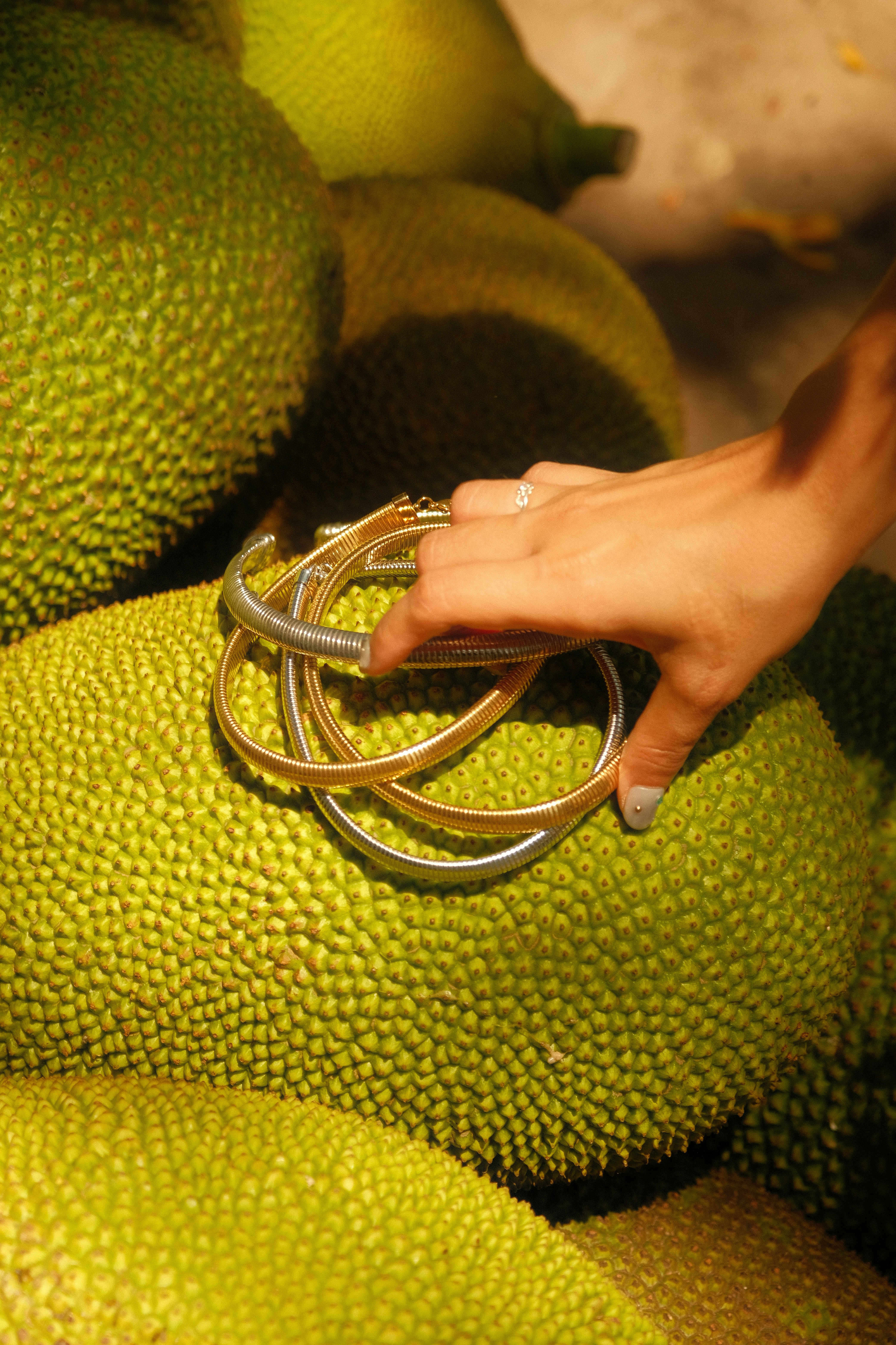 Golden Braid: Jewelry Resting on Textured Fruit Bulbs