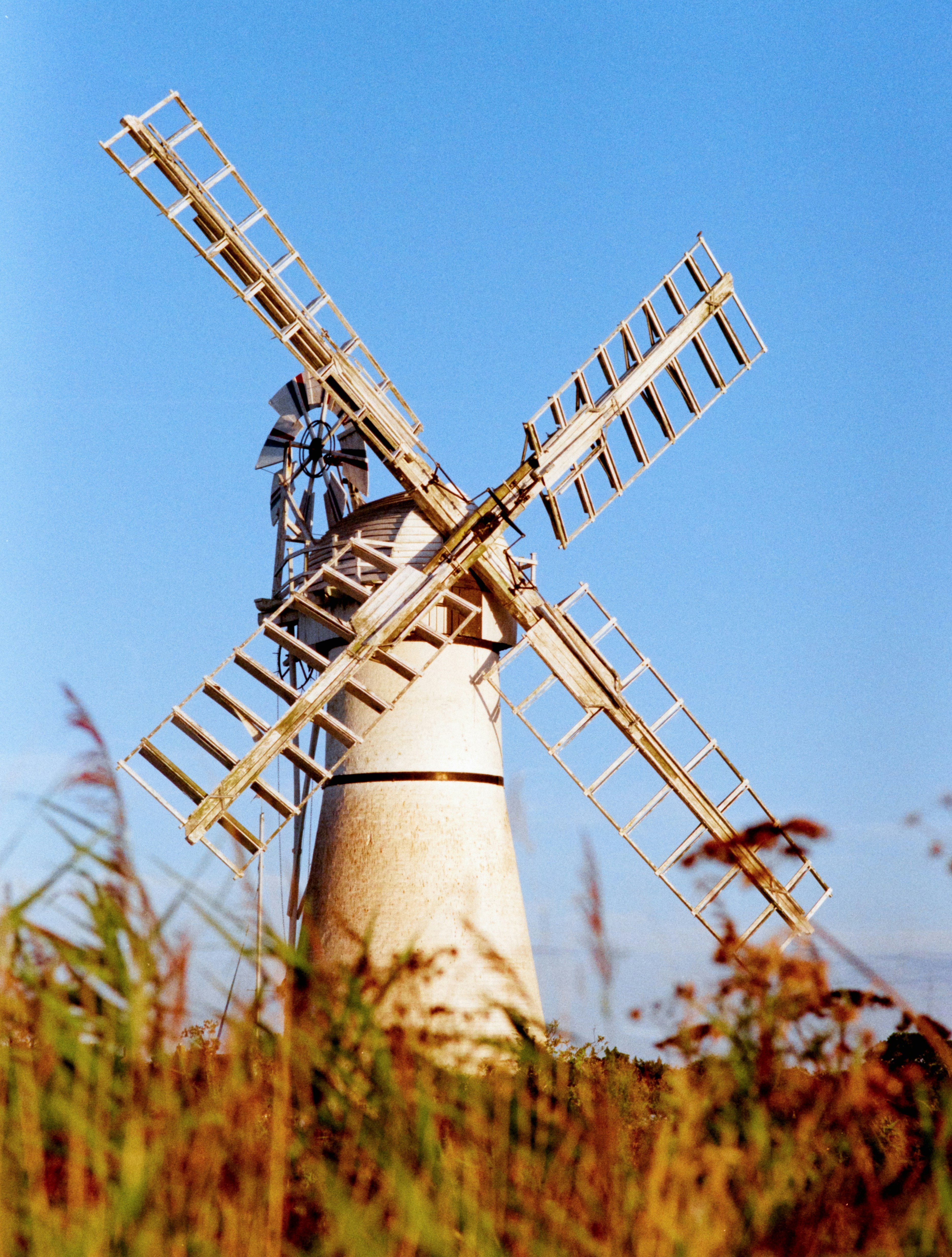 Rusty windmill rises above tall grasses against a bright blue sky, captured with a nostalgic film look. The scene emphasizes the weathered structure and open landscape.