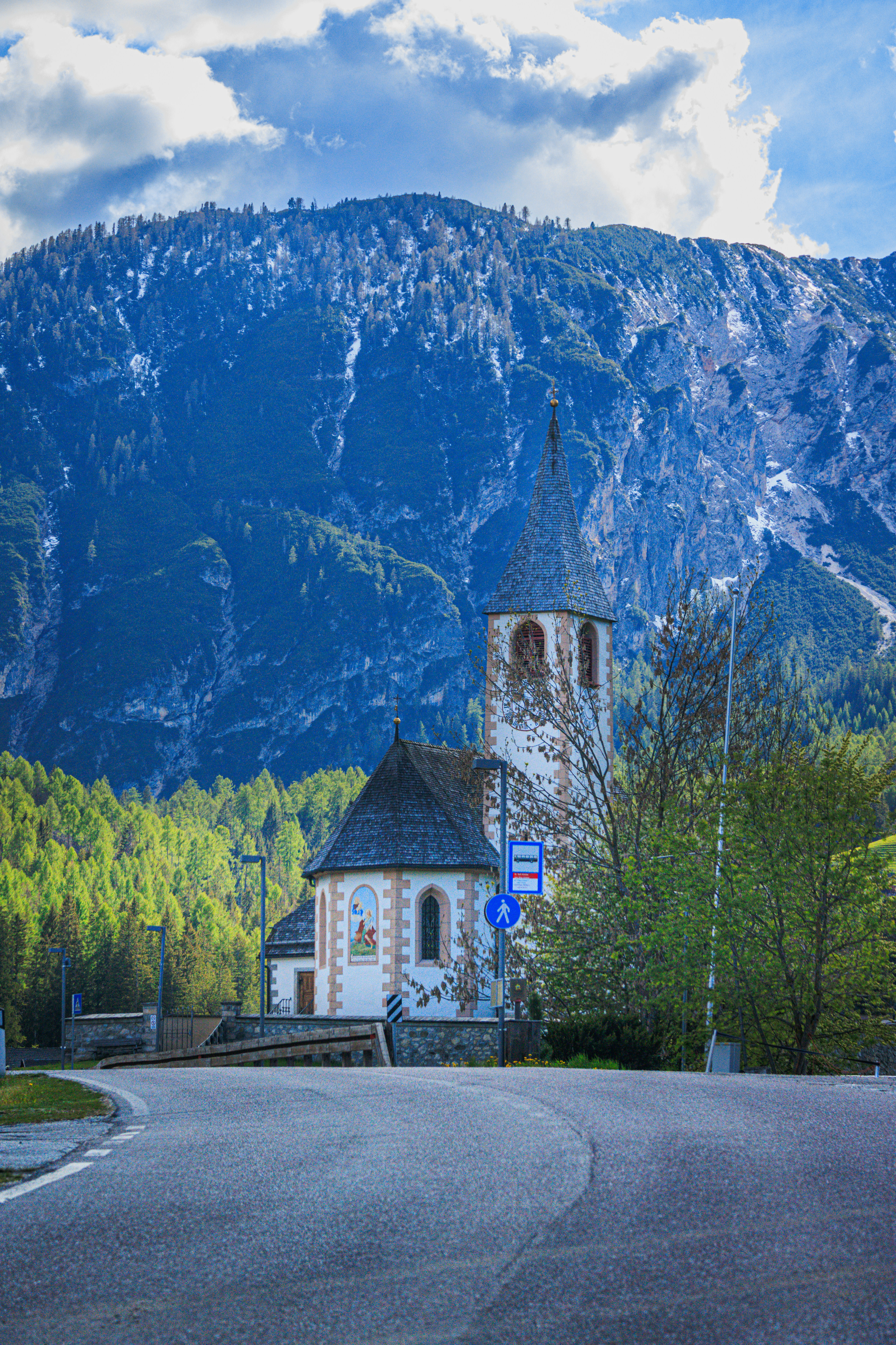 Village Church with Alpine Backdrop