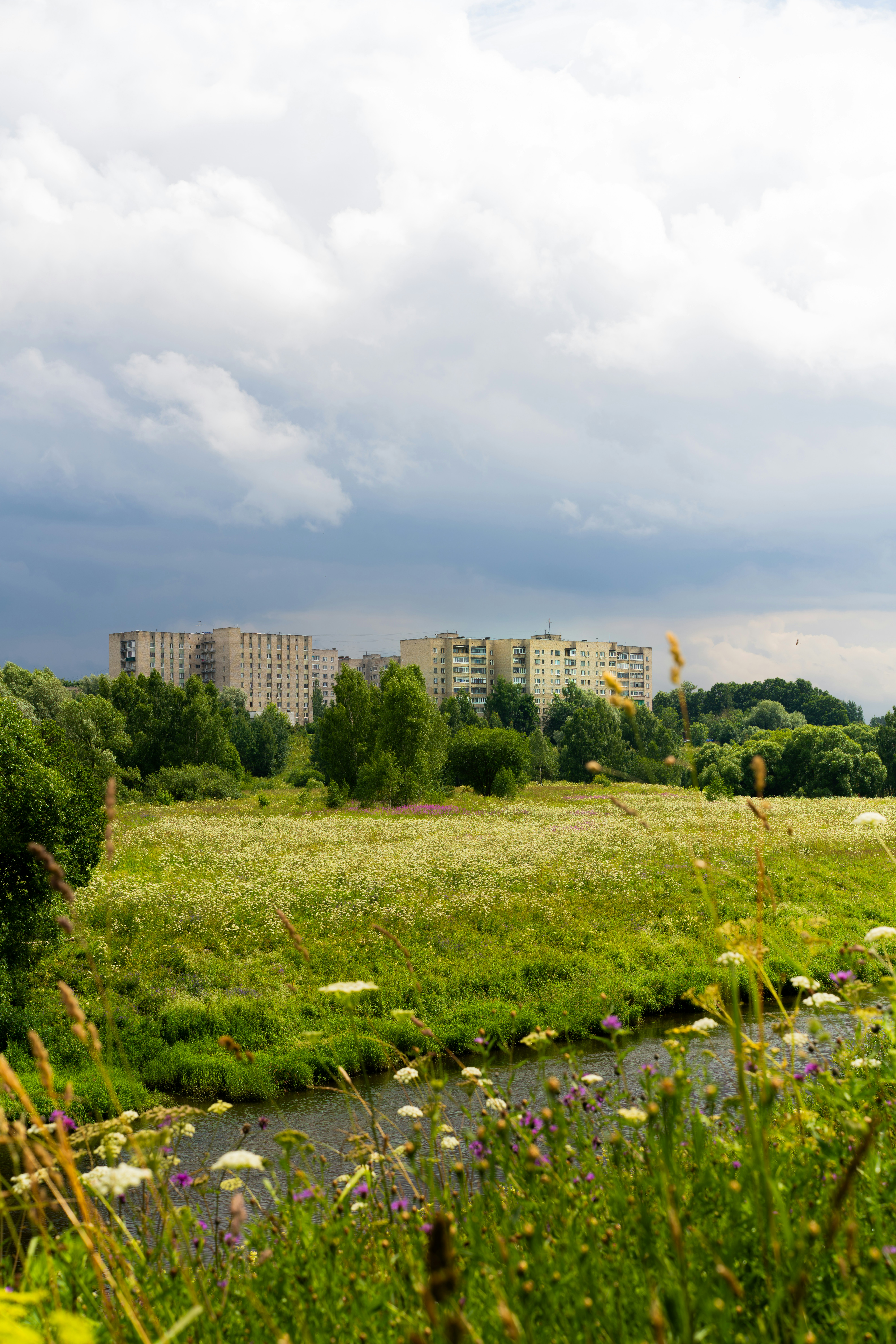 Fields of Green Framing a Quiet Riverside Town