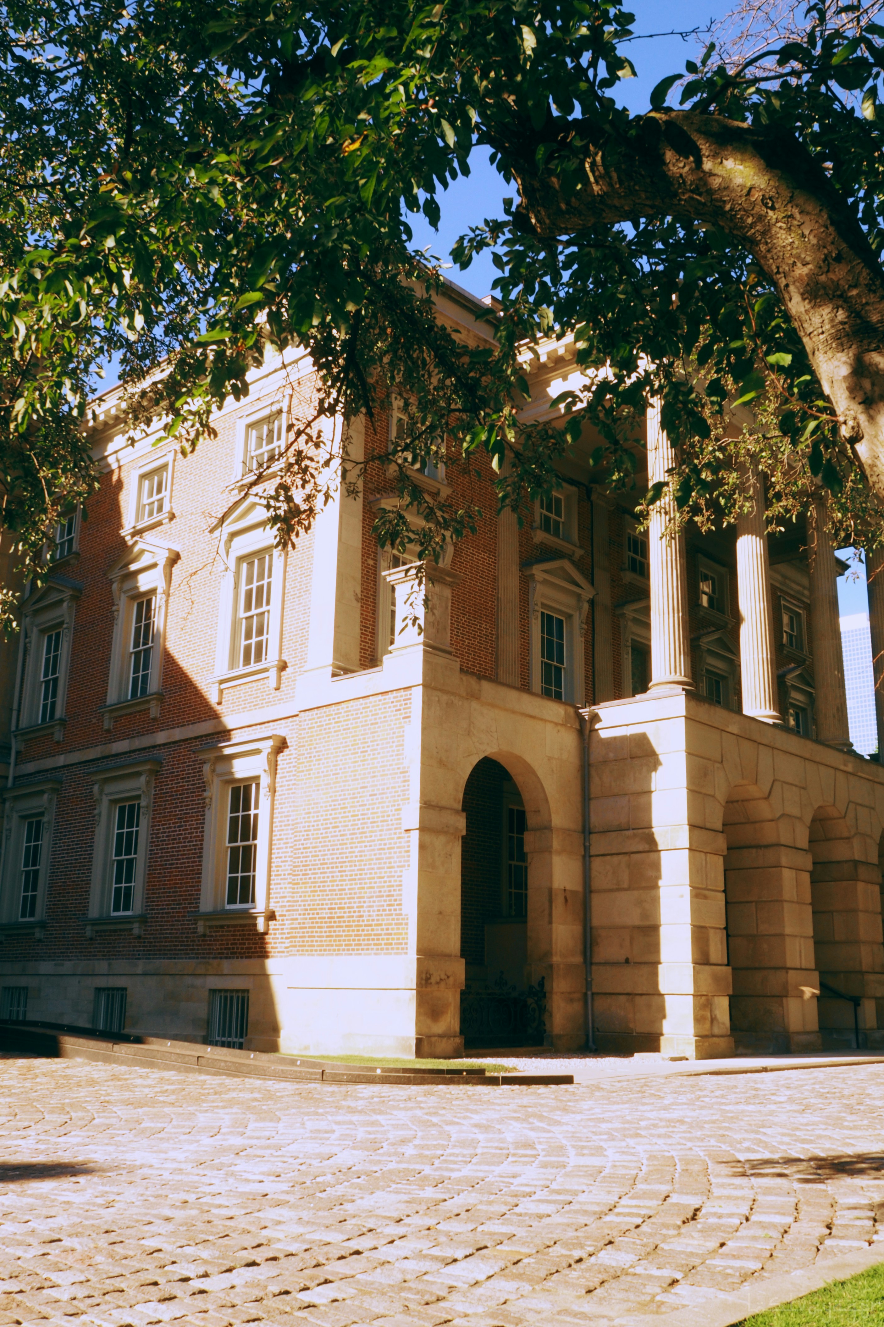 Sunlit brick-and-stone academy facade framed by leafy canopy