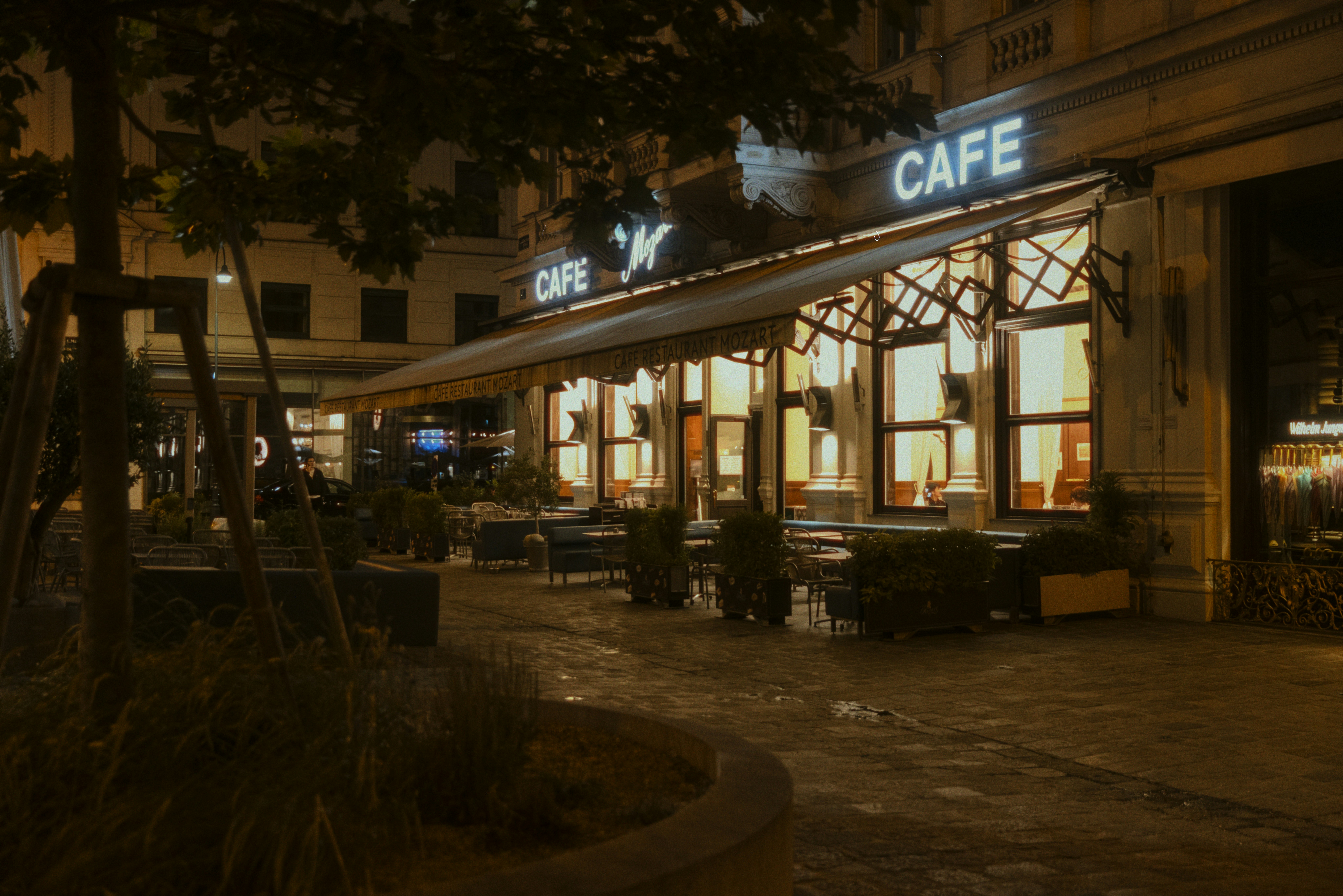 Night at the Café Canopy: Warm Light Under a Neon Sign