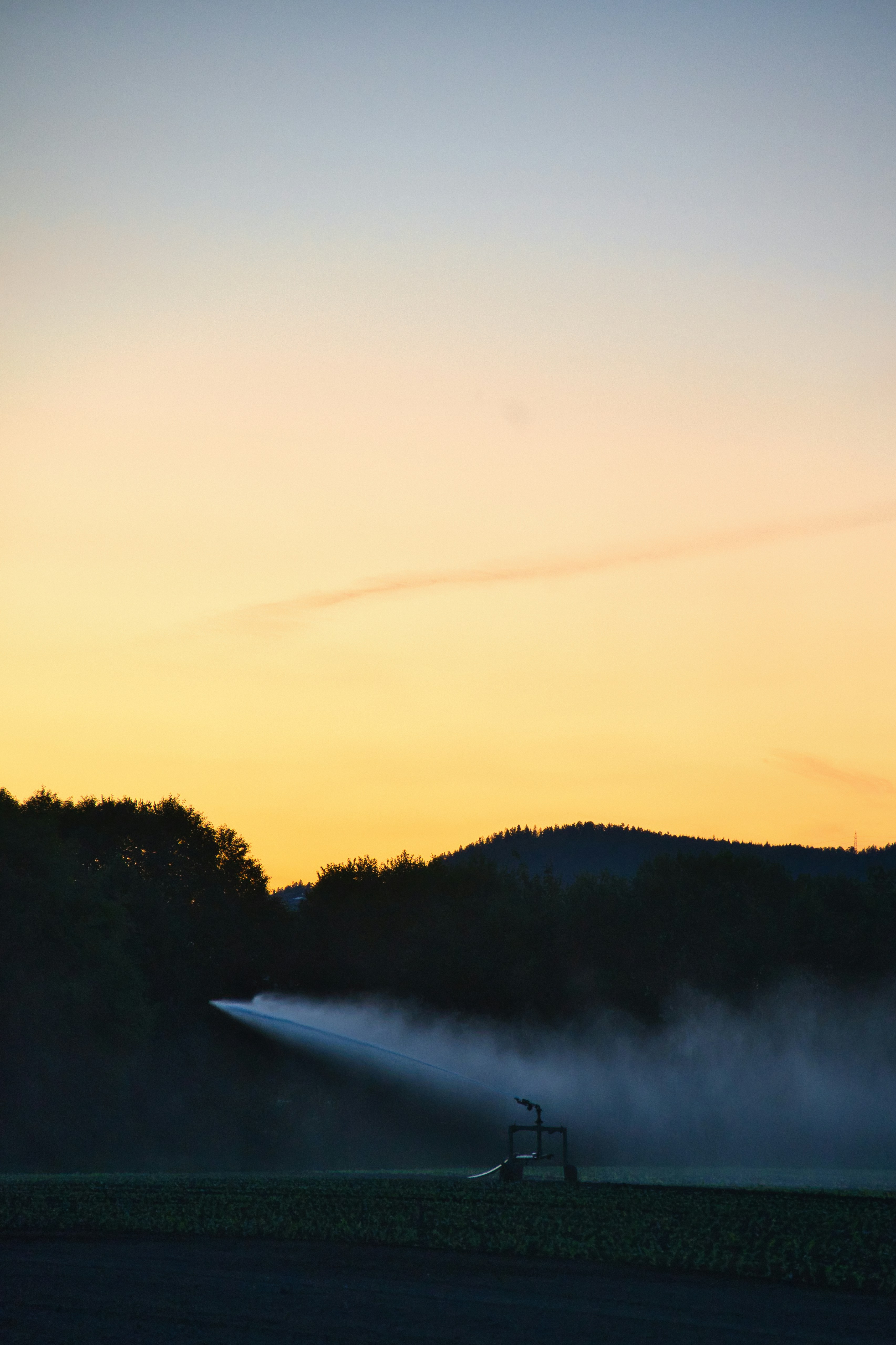 Dawn over the Field: Mist Rises Behind the Manual Well