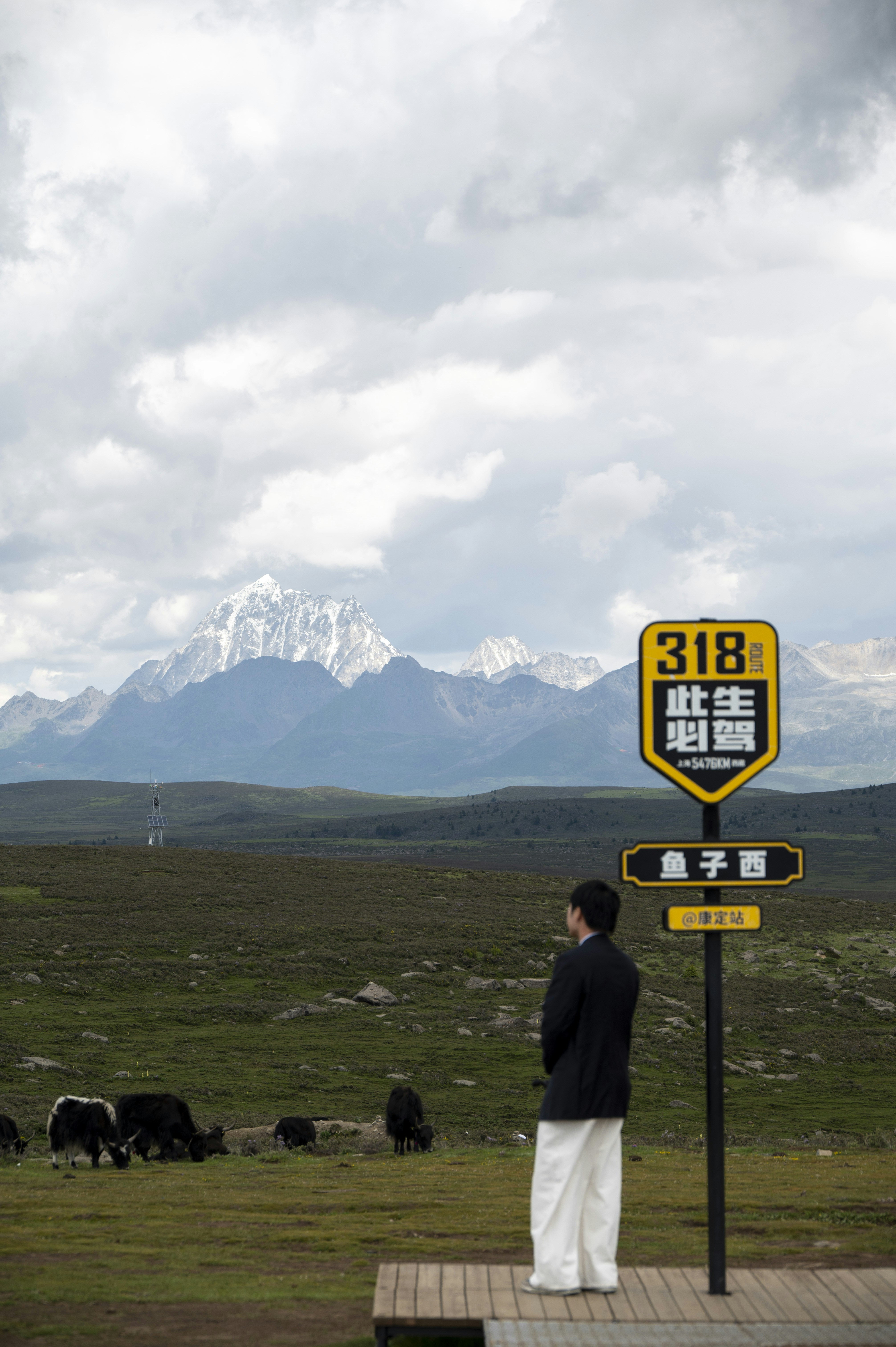 Signpost Serenade: A Lone Observer Beside Snow-kissed Peaks